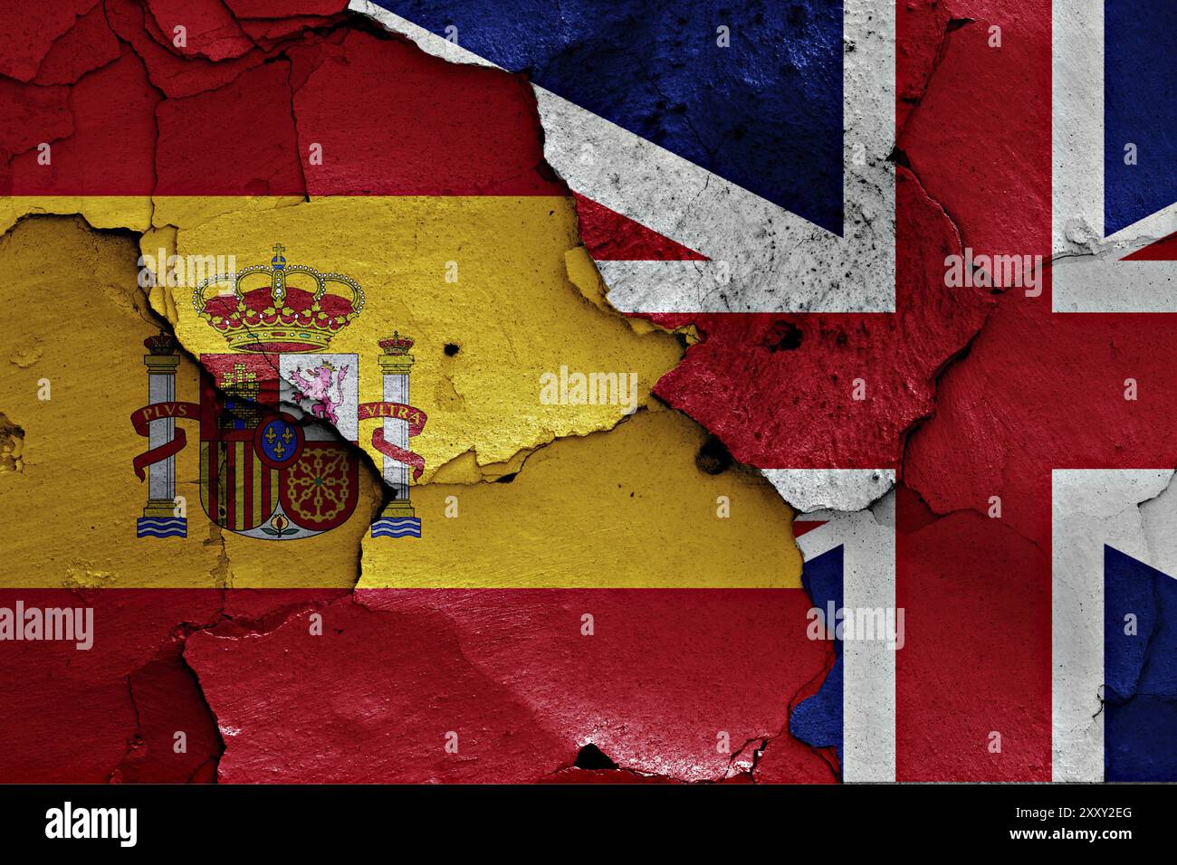 Flags of Spain and UK painted on cracked wall Stock Photo - Alamy