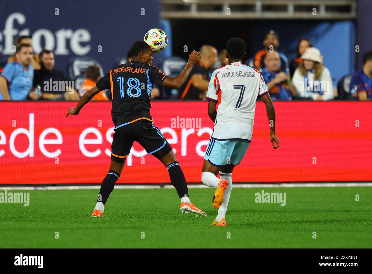 New York City FC defender Christian McFarlane #18 deflects ball off ...