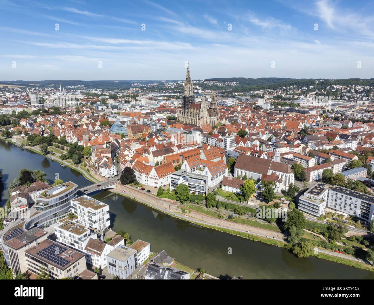 Aerial view of Ulm's historic city centre with the Danube and the ...