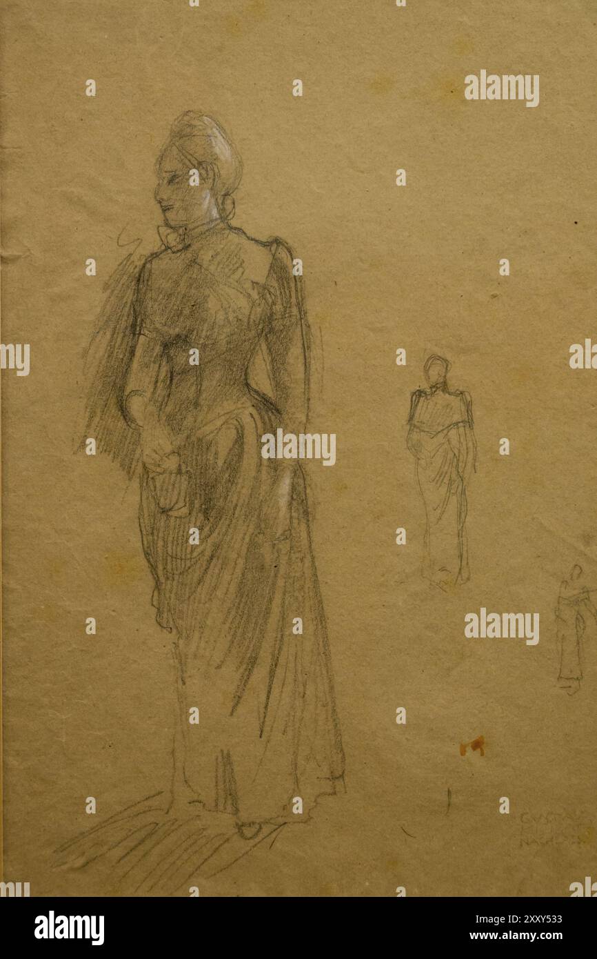 Boceto, Standing lady in long dress facing left, Gustav Klimt, lapiz y ...