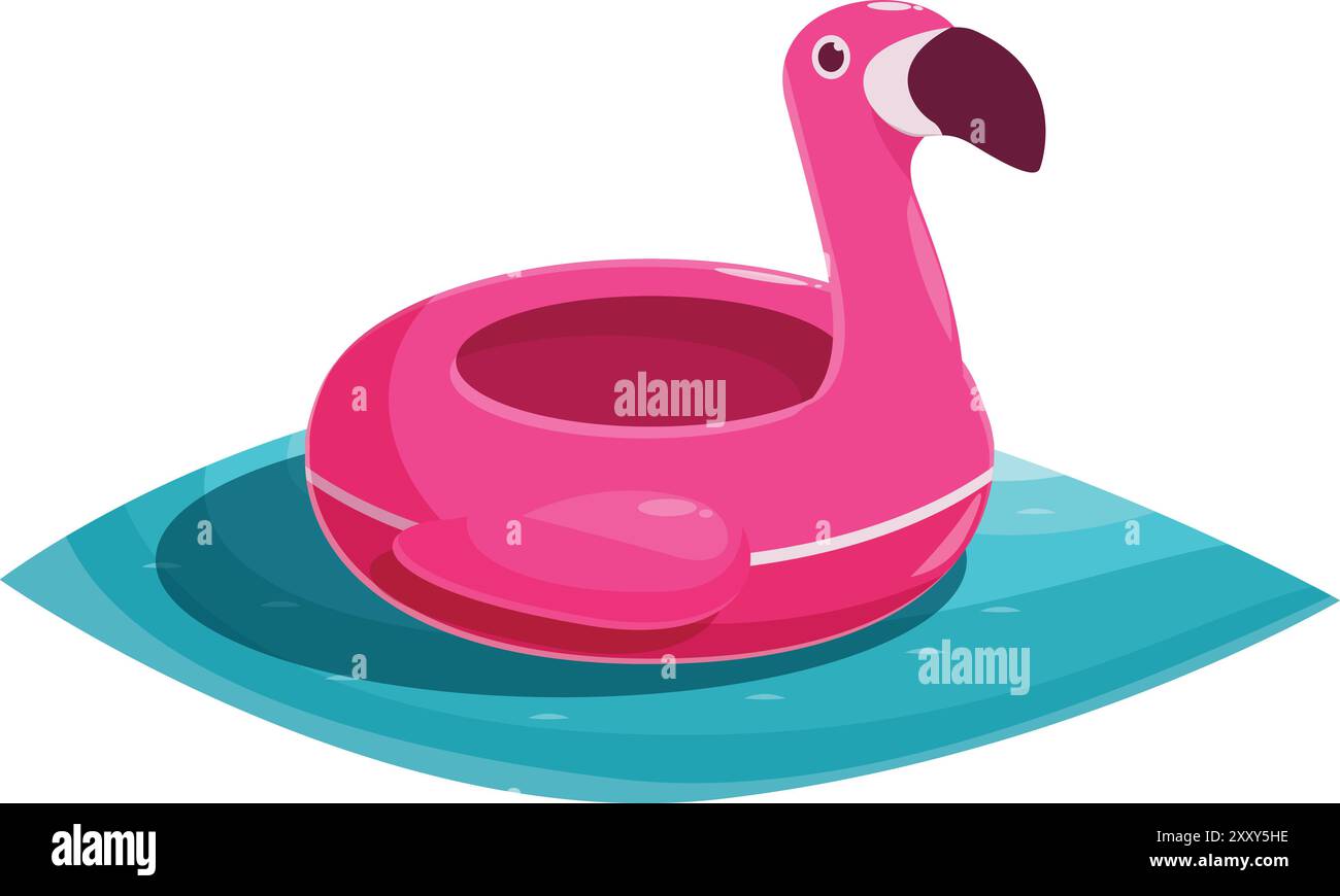 Pink flamingo shaped inflatable ring floating on water in swimming pool ...