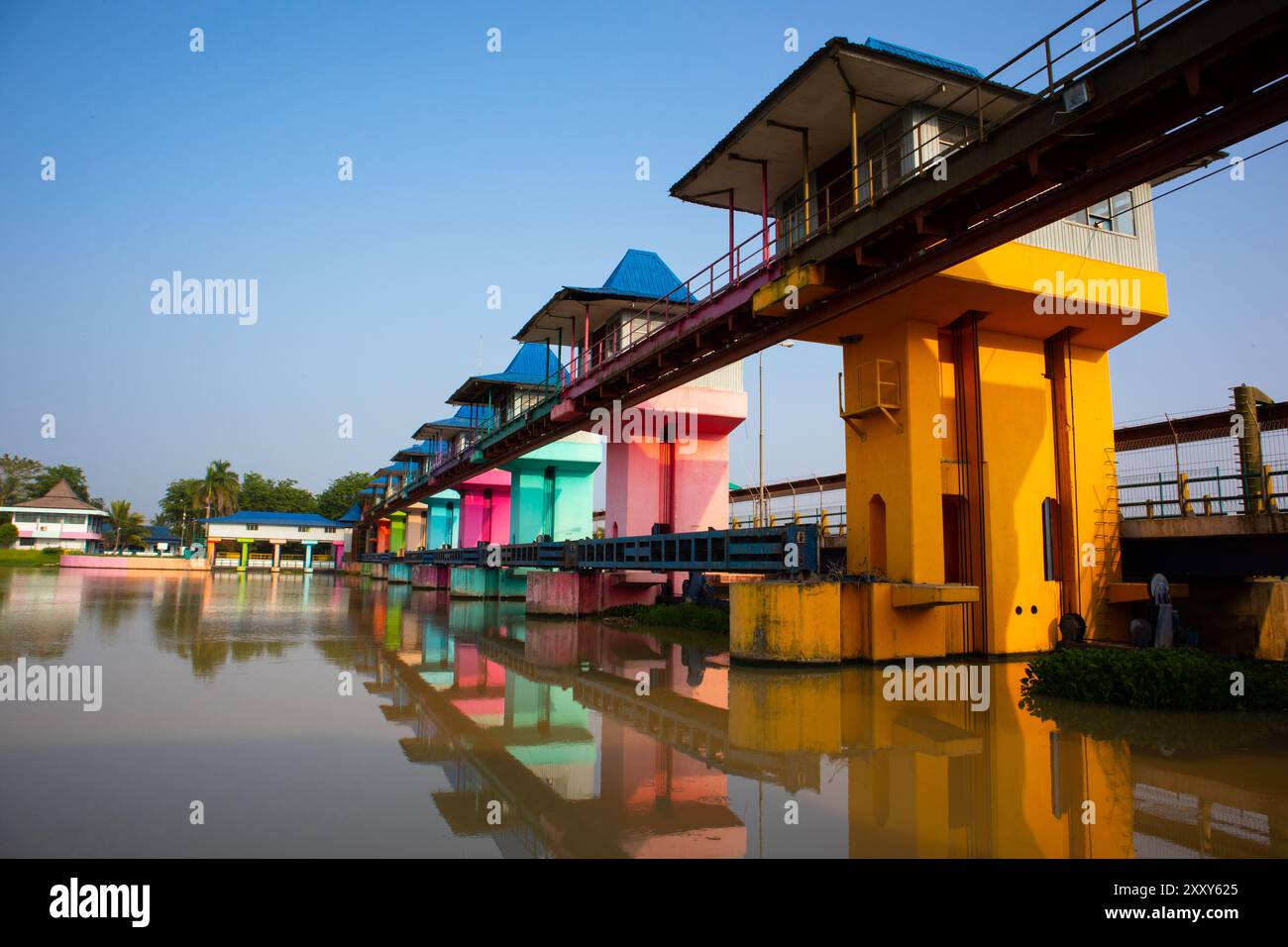 Colorful dam on a big river. Beautiful architect with colorful wall ...