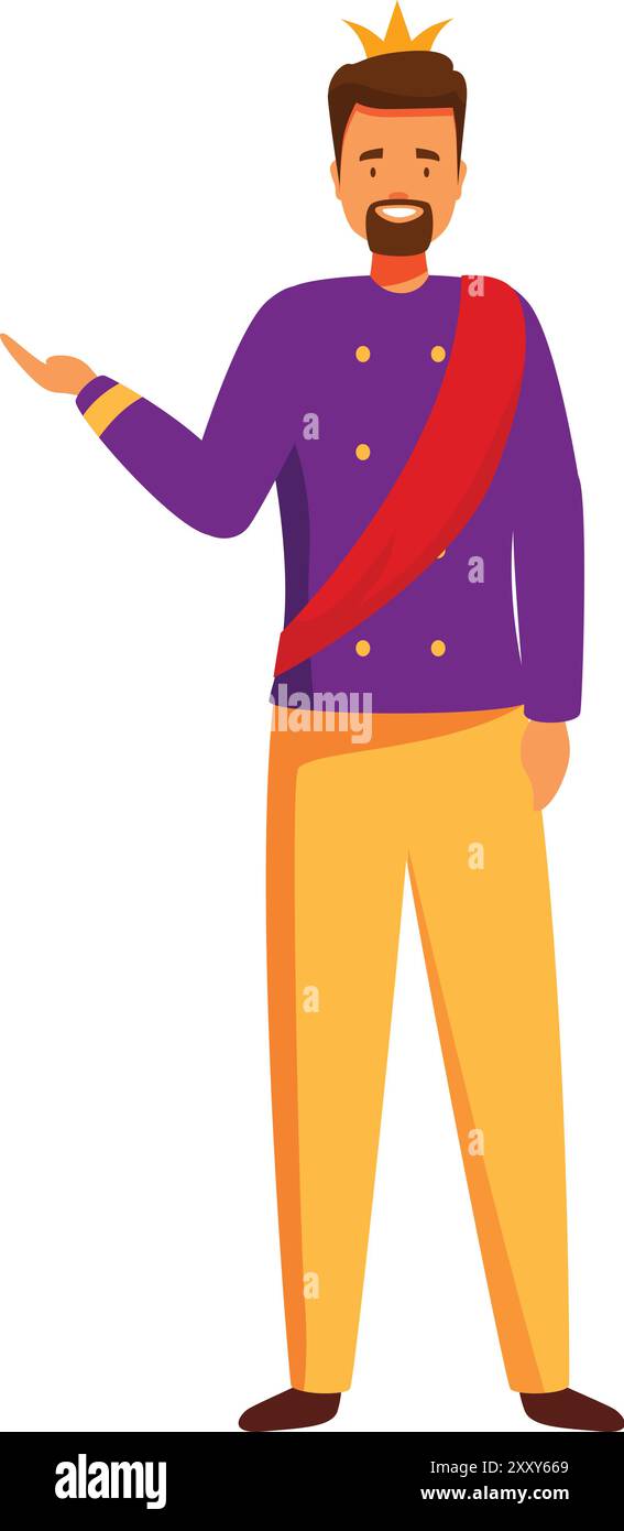 Happy king character wearing crown and royal mantle showing with hand ...