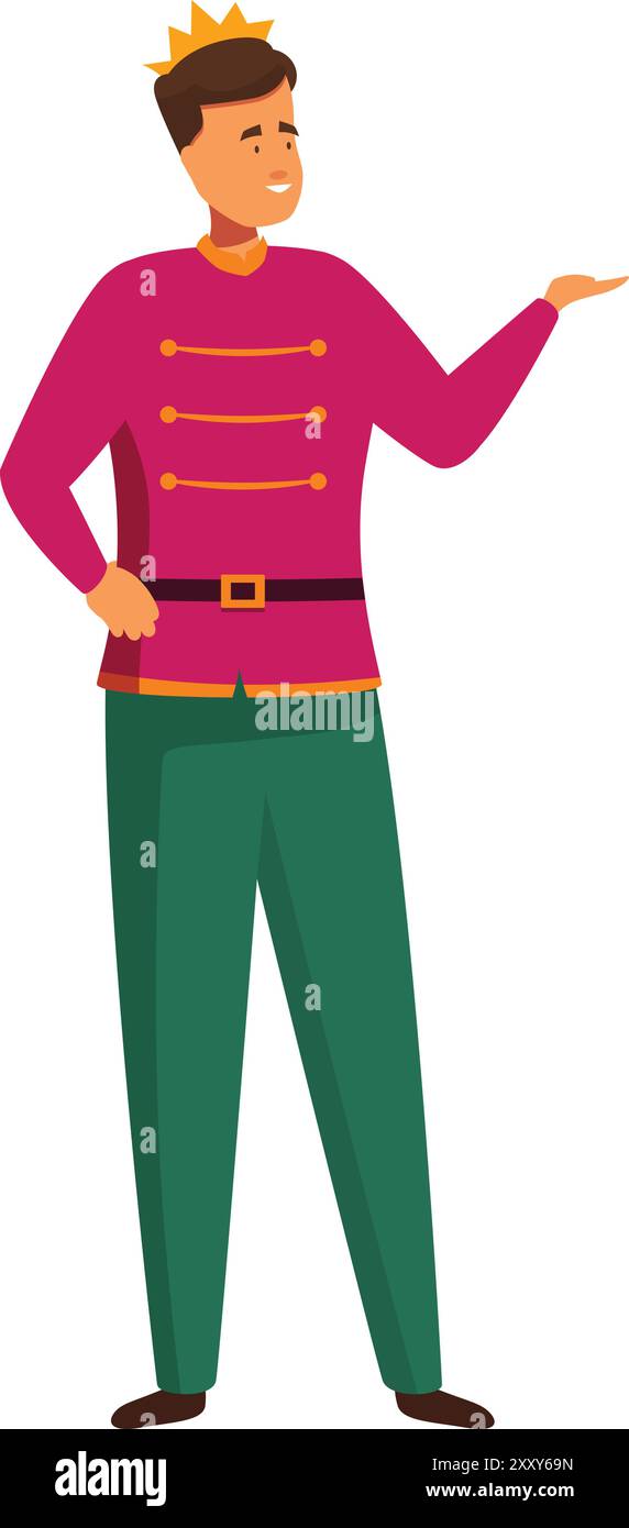 Handsome prince charming wearing crown standing and pointing aside ...