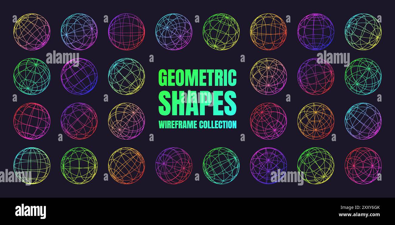 Neon wireframe shapes, lined sphere. Perspective mesh, 3d grid. Low ...