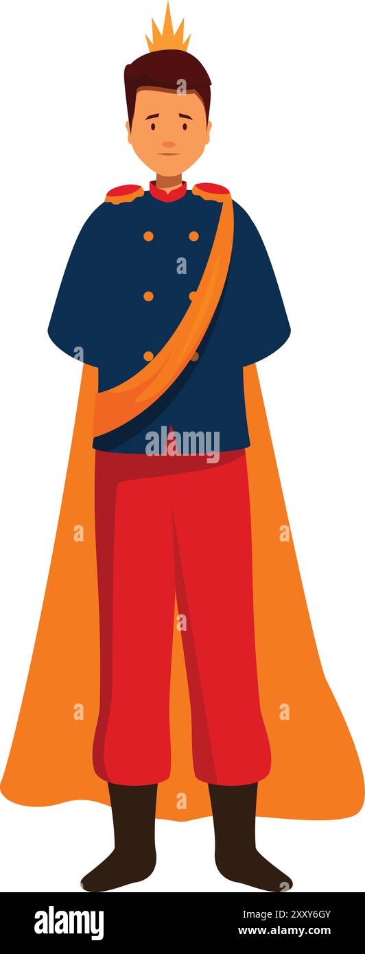 Cartoon illustration of a sad prince wearing a crown and cape standing ...