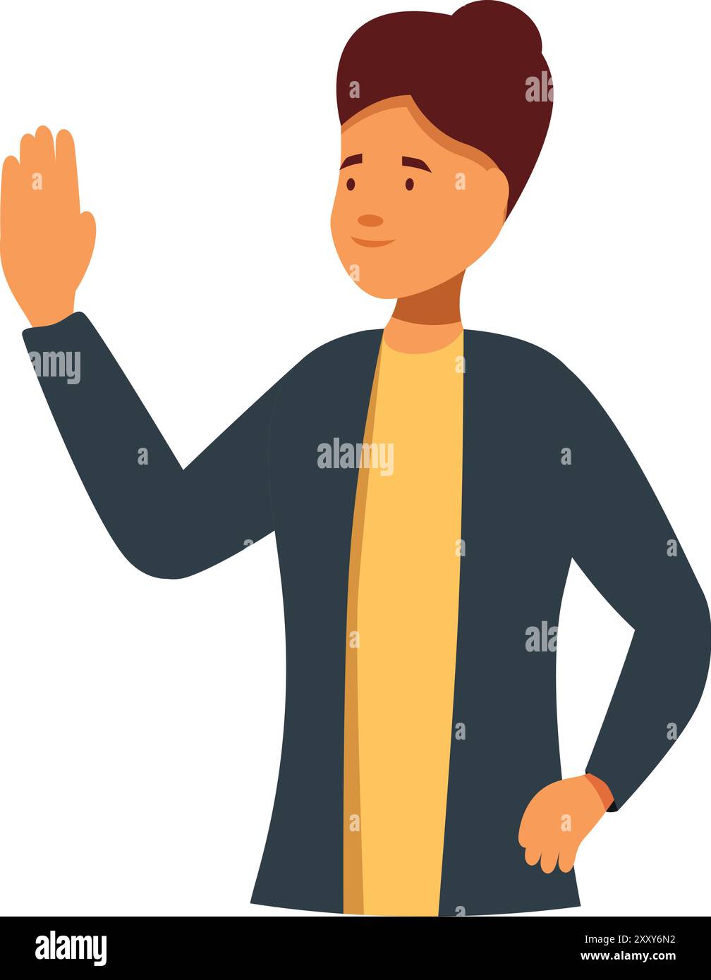 Young man waving hand, greeting gesture, saying hello or goodbye ...