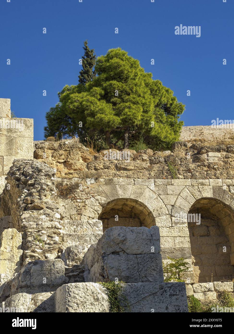 Stone arches of a ruin with lush vegetation and clear sky in the ...