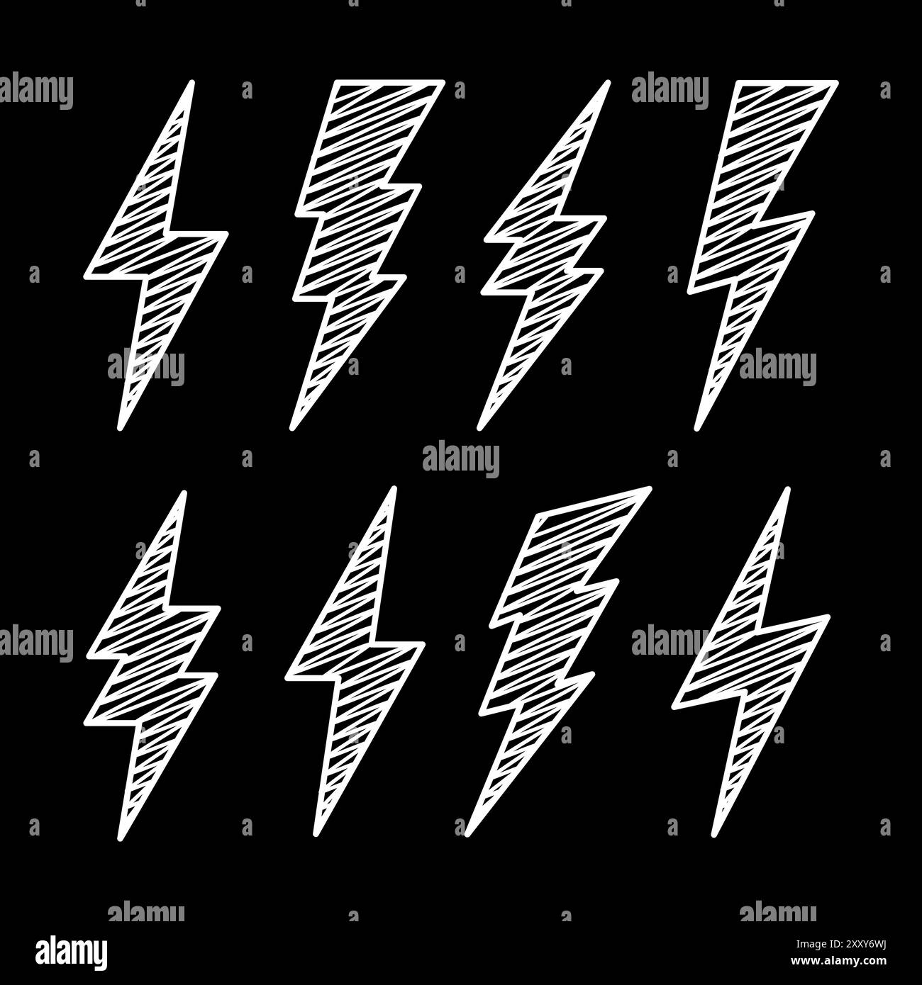 Hatched lightning bolt icons collection. Hand drawn flash symbol ...