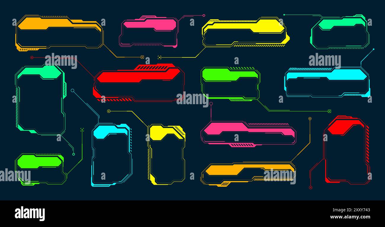 Futuristic HUD or UI elements. Sci-fi user interface text boxes, callouts. Colorful warning ...