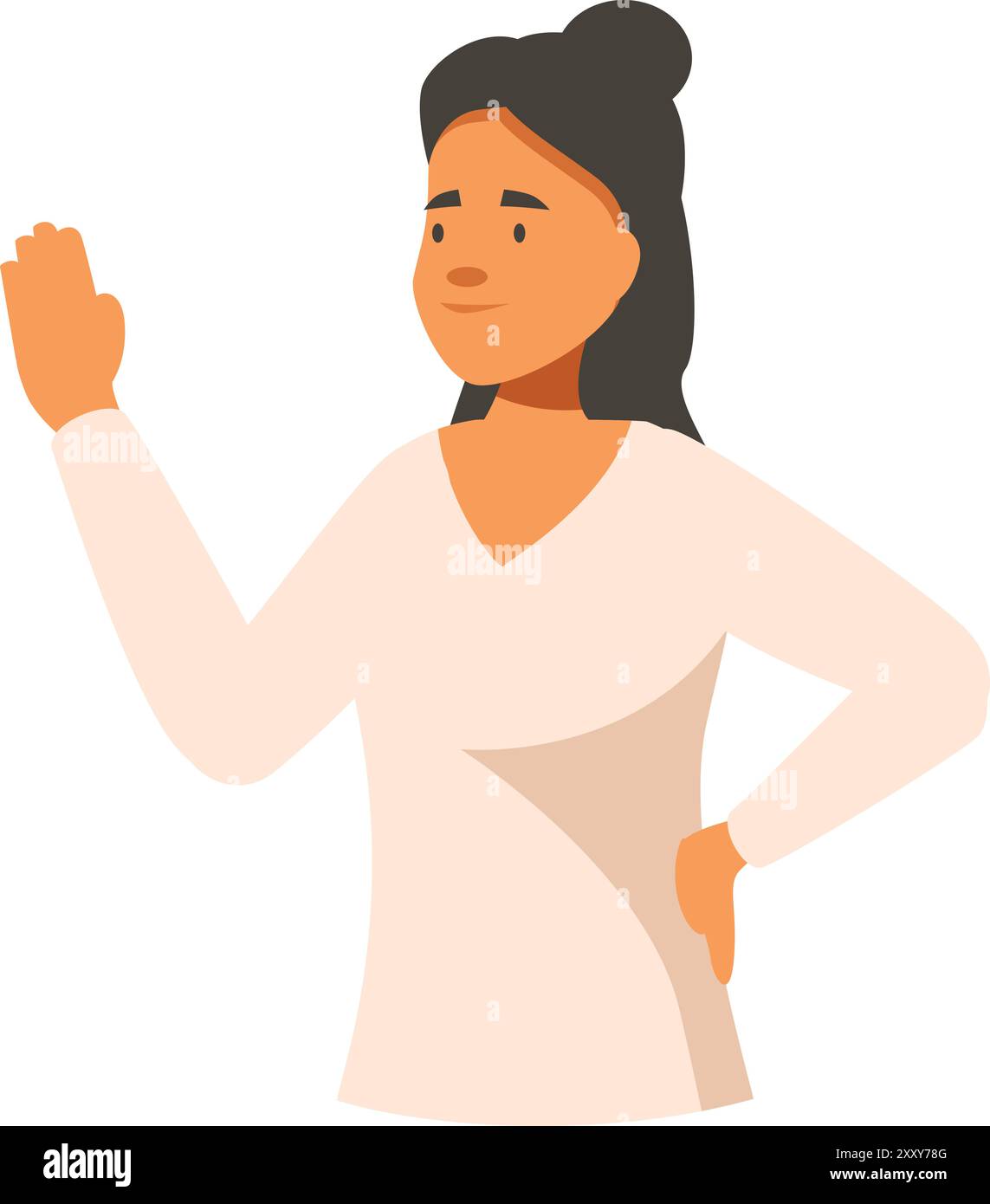 Businesswoman is standing with her hand on her hip and raising her ...