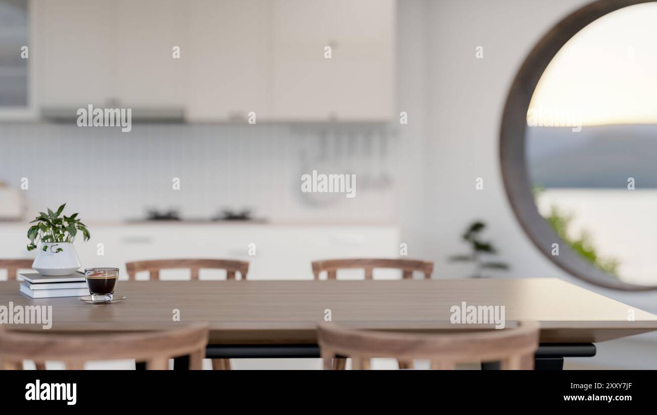 A space for displaying products on a wooden dining table in a ...