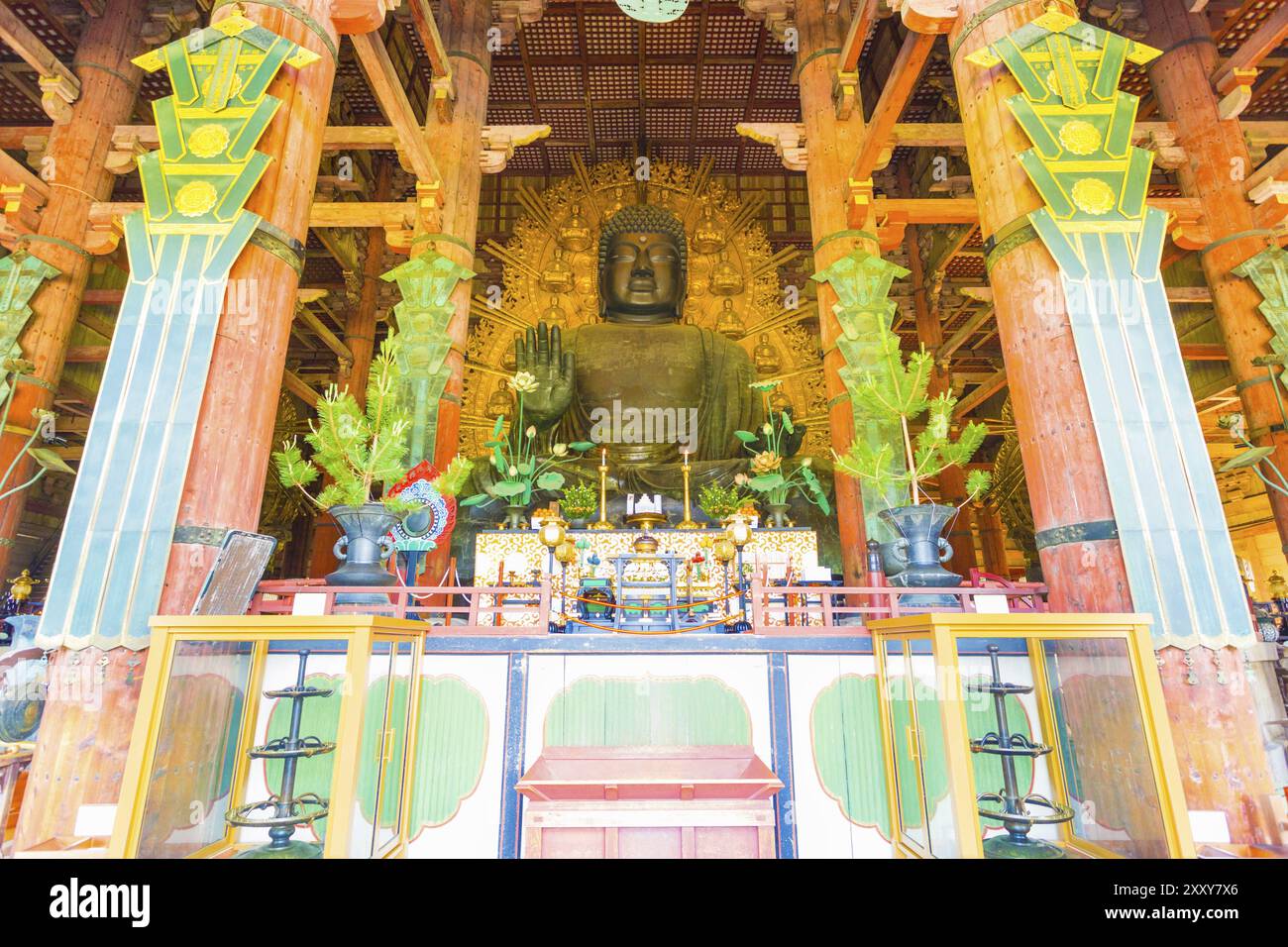 Front of the centered largest bronze Daibutsu statue and altar inside ...