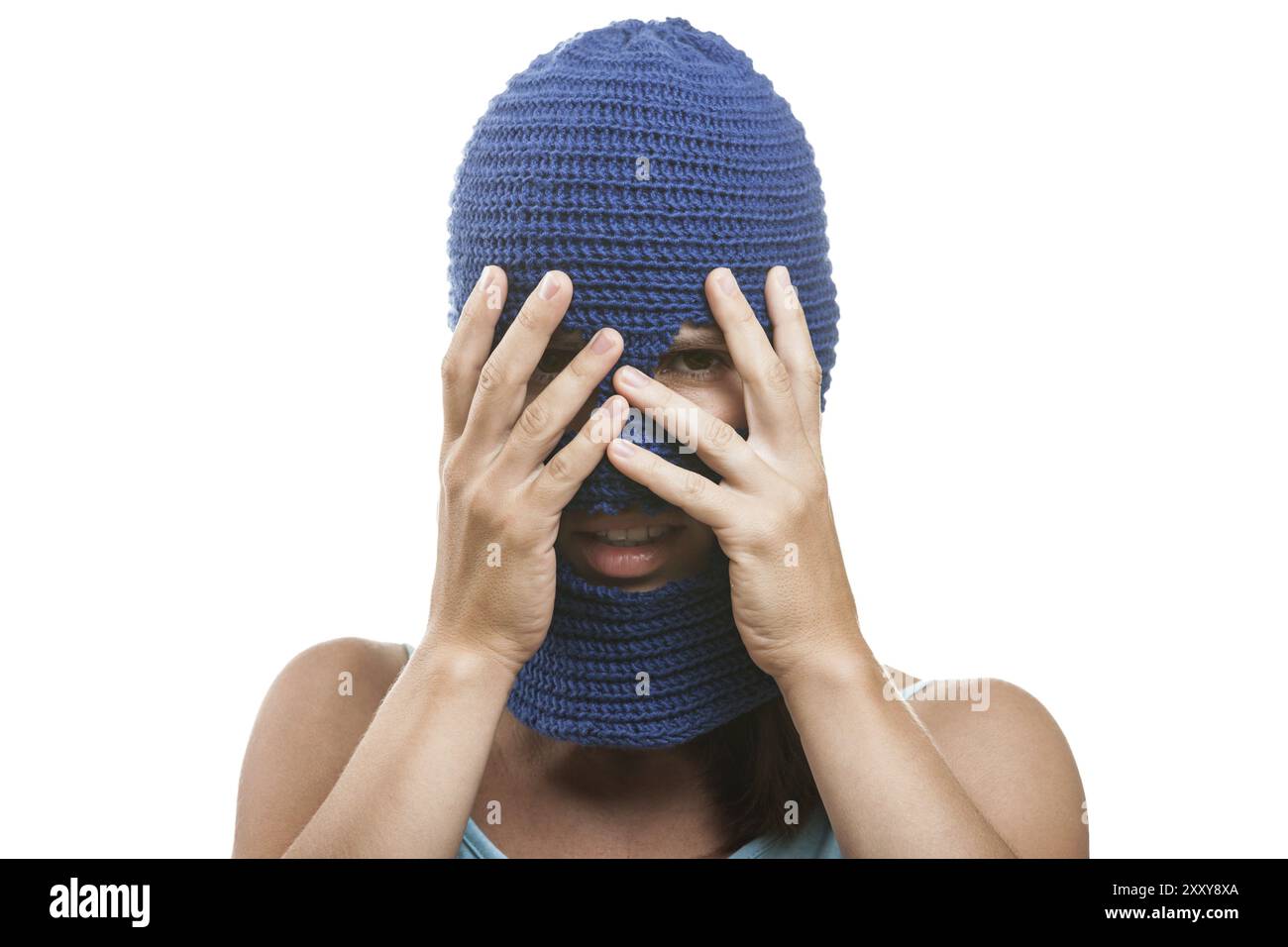 Russian protest movement concept, woman wearing balaclava or mask on ...