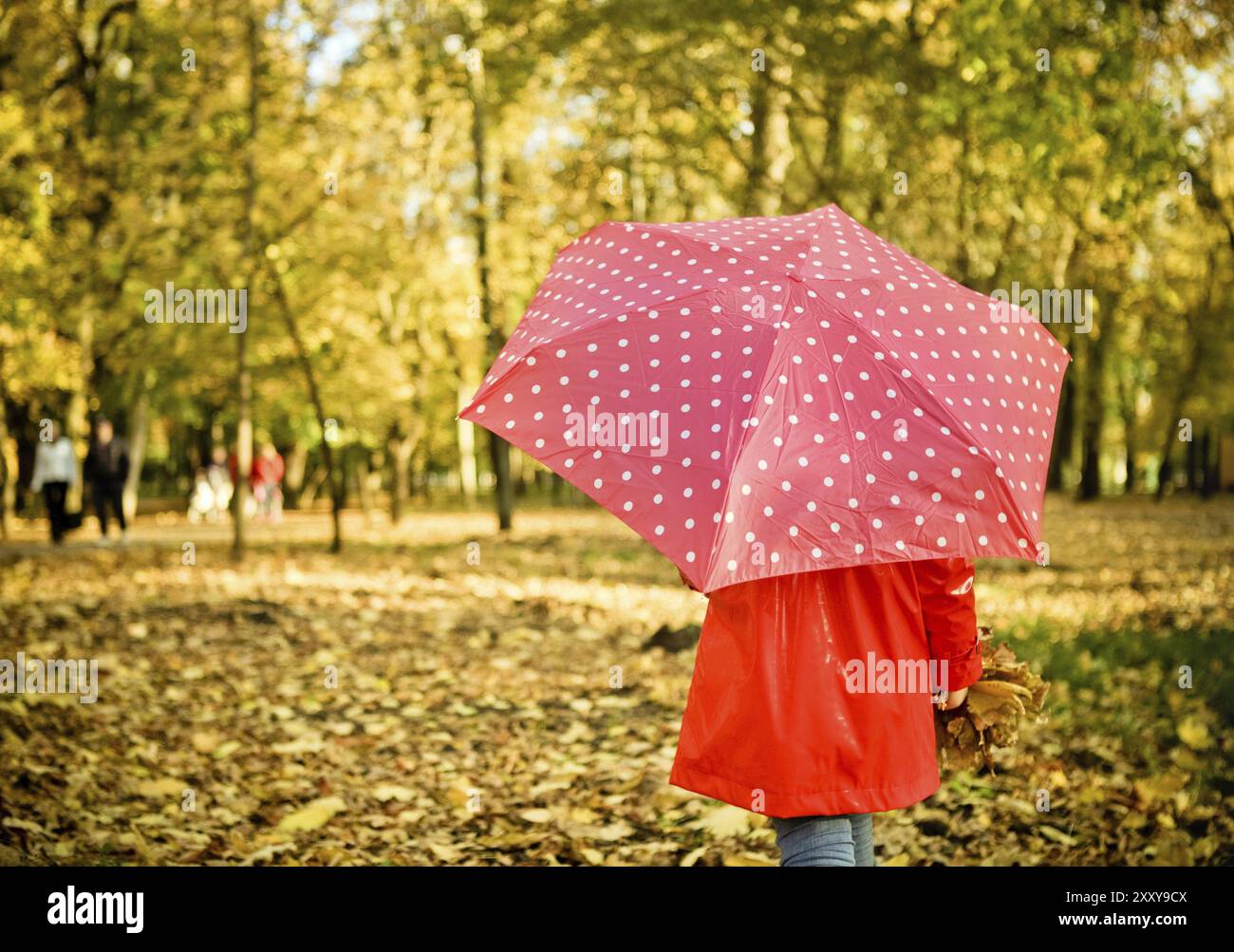 Little girl with polka dots umbrella walking through alley with fall ...