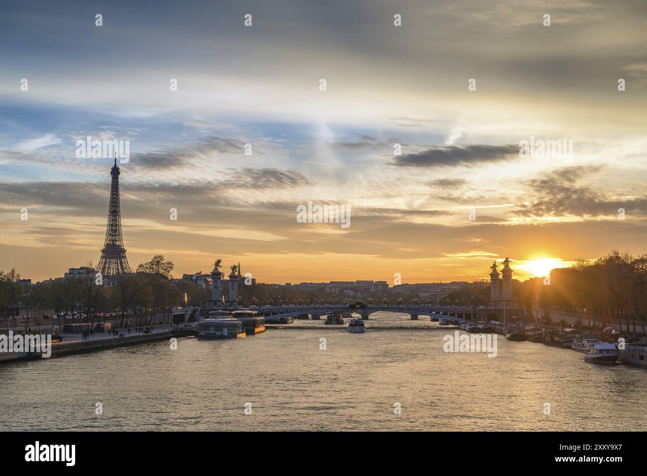 Paris France sunset city skyline at Seine River with Pont Alexandre III ...