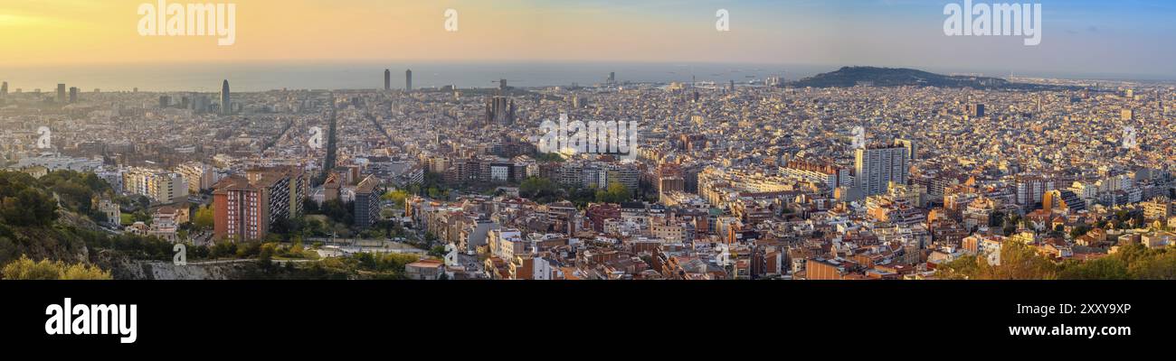 Barcelona Spain, high angle view panorama city skyline sunrise from ...