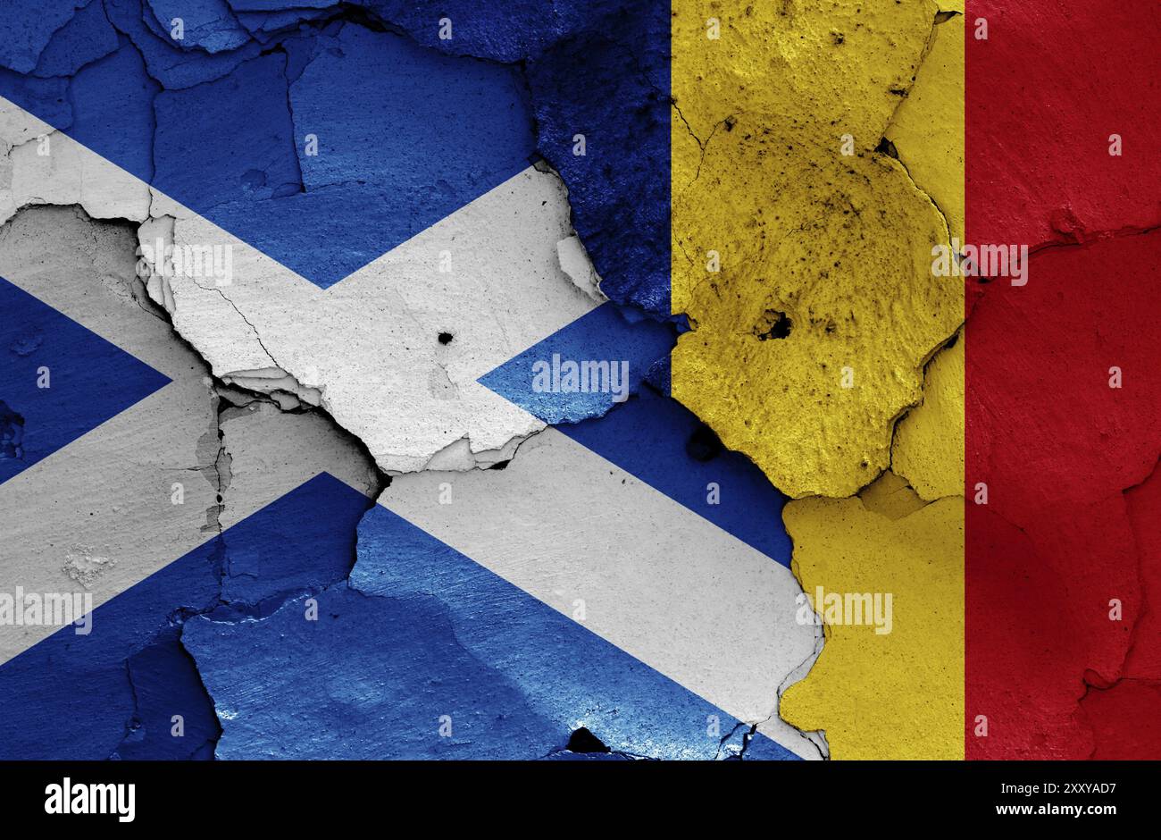 Flags of Scotland and Romania painted on cracked wall Stock Photo - Alamy