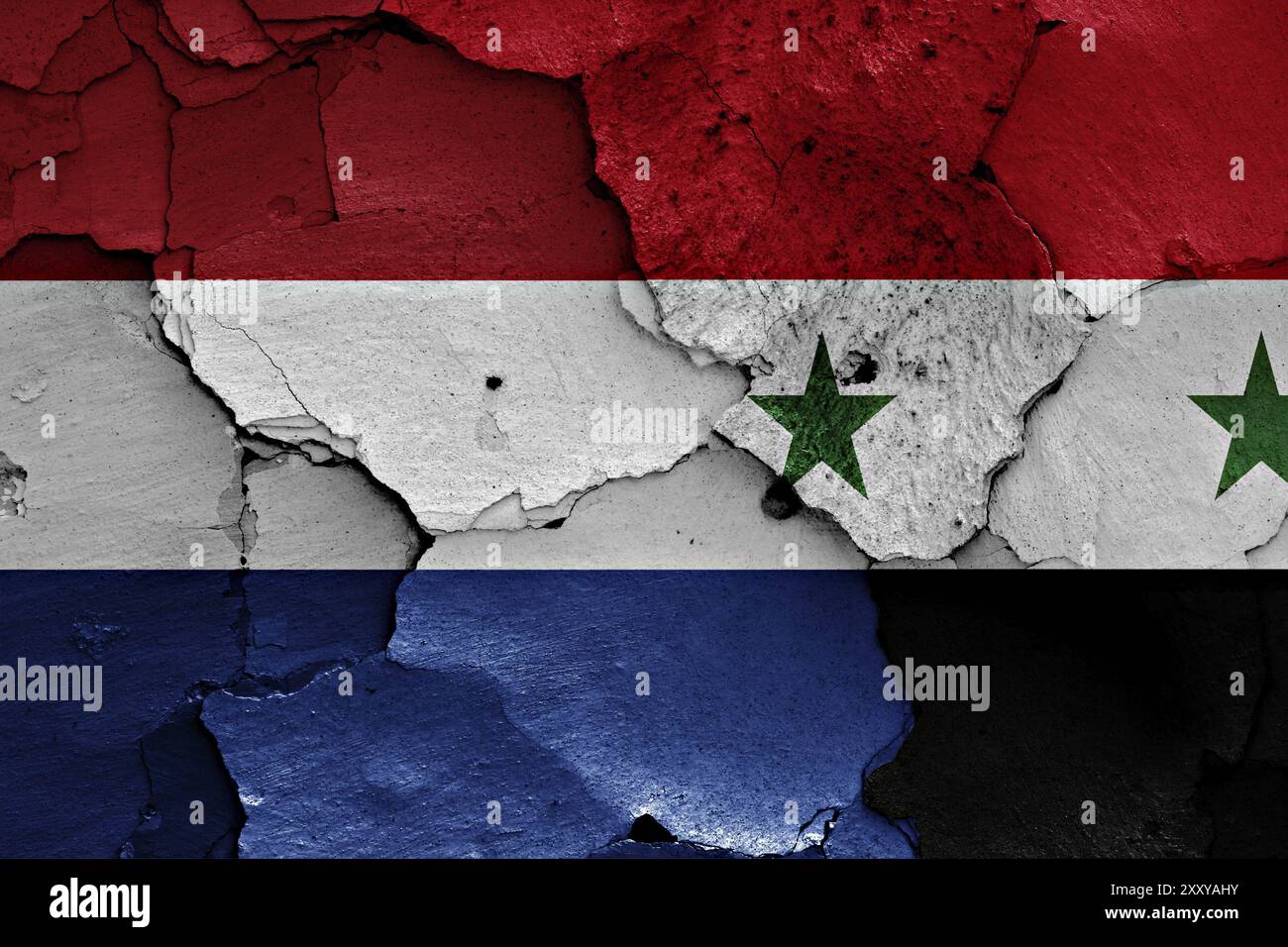Flags of Netherlands and Syria painted on cracked wall Stock Photo - Alamy