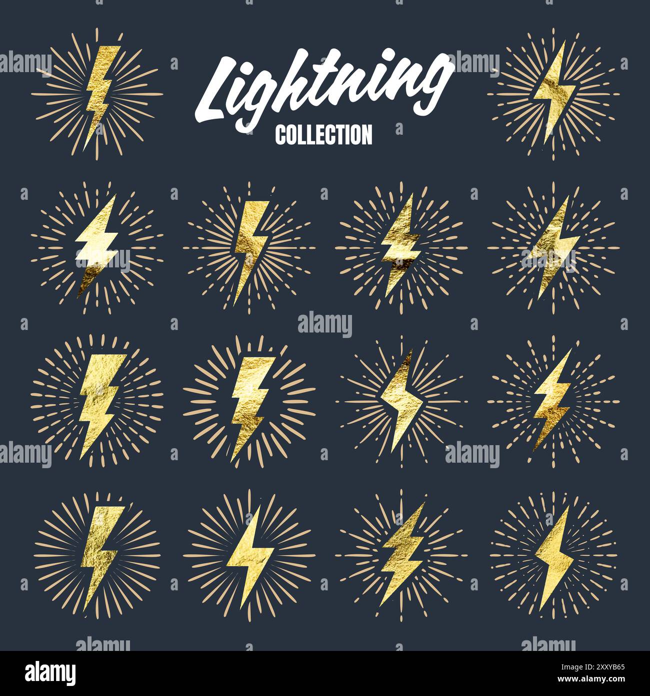 Set of vintage golden lightning bolts and sun rays. Gold foil texture ...