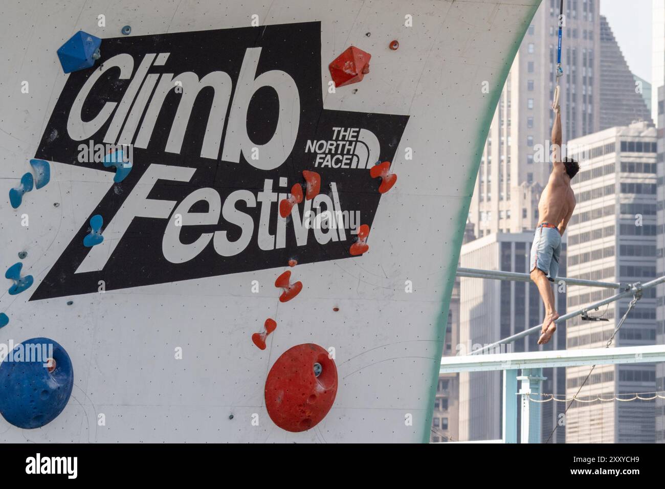Brooklyn, United States. 24th Aug, 2024. A climber uses the rappel rope ...