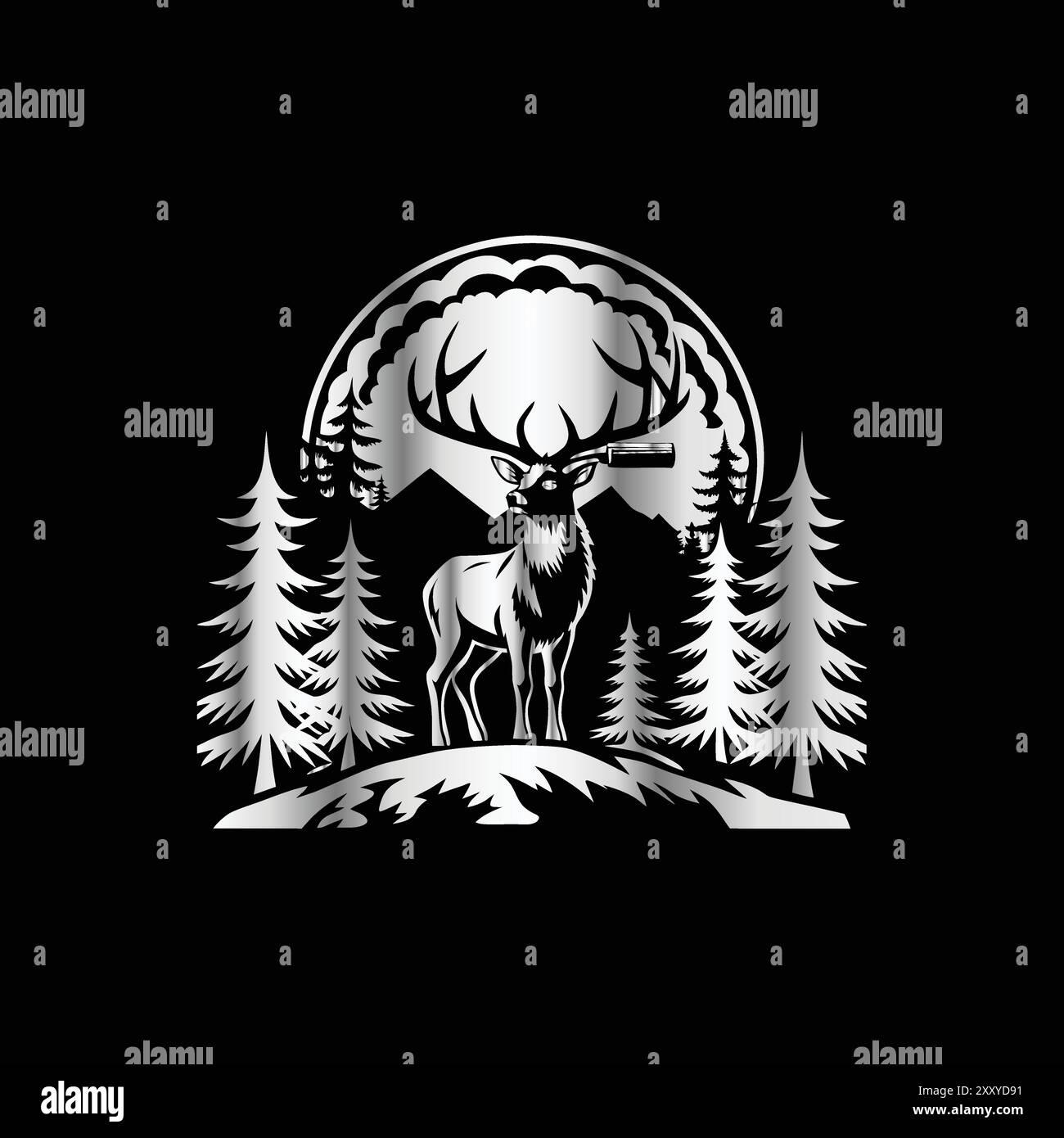 Deer hunter vector logo template with forest, mountains, sun, trees and ...