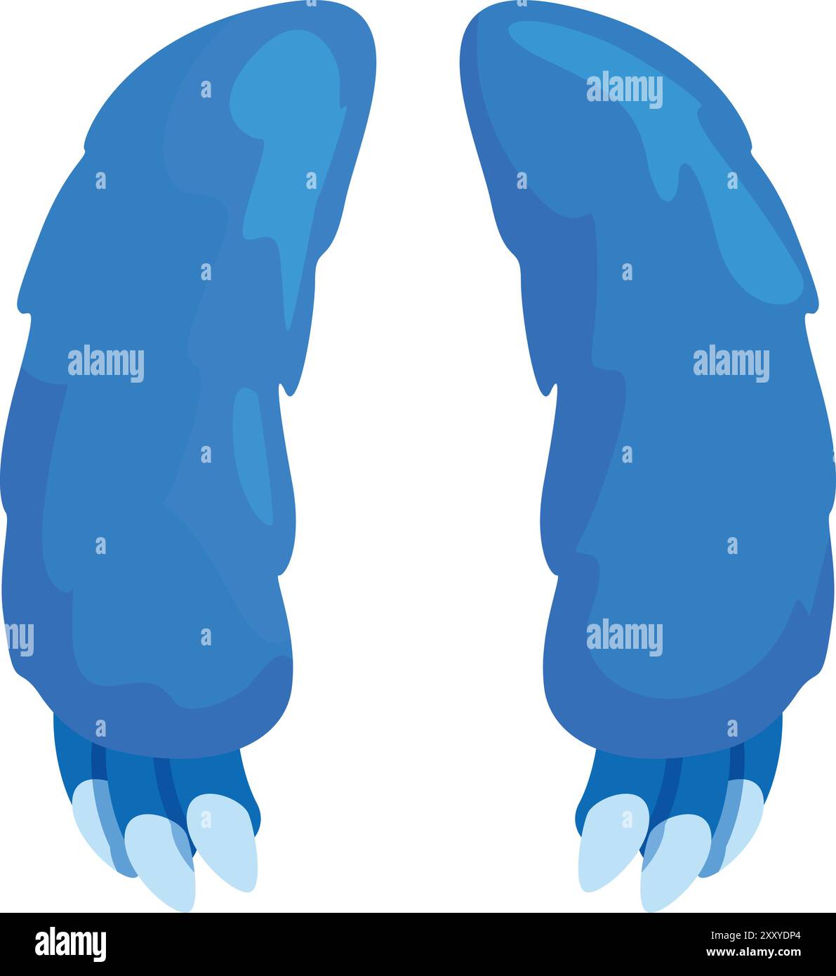 Cartoon blue monster legs with claws are standing on a white background ...