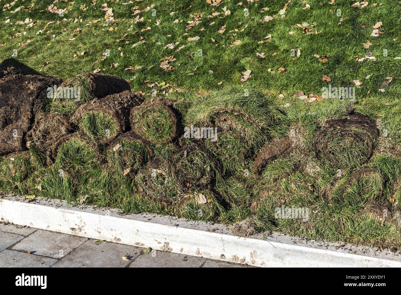 The rolled lawn folded in stacks on the street Stock Photo - Alamy