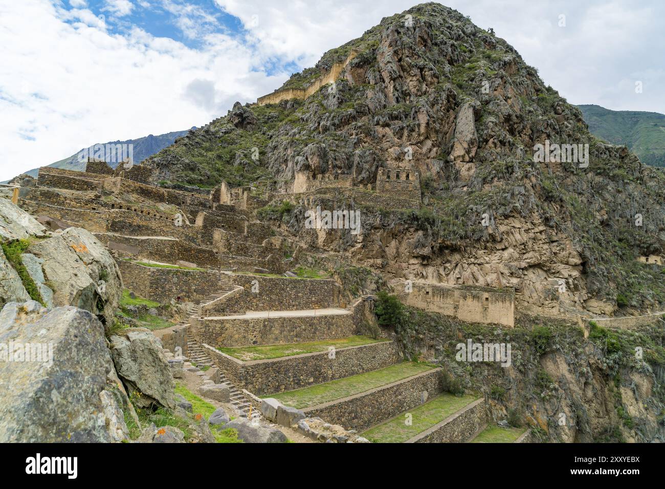Inca ruins and the terraces of Pumatallis at Ollantaytambo in Peru ...