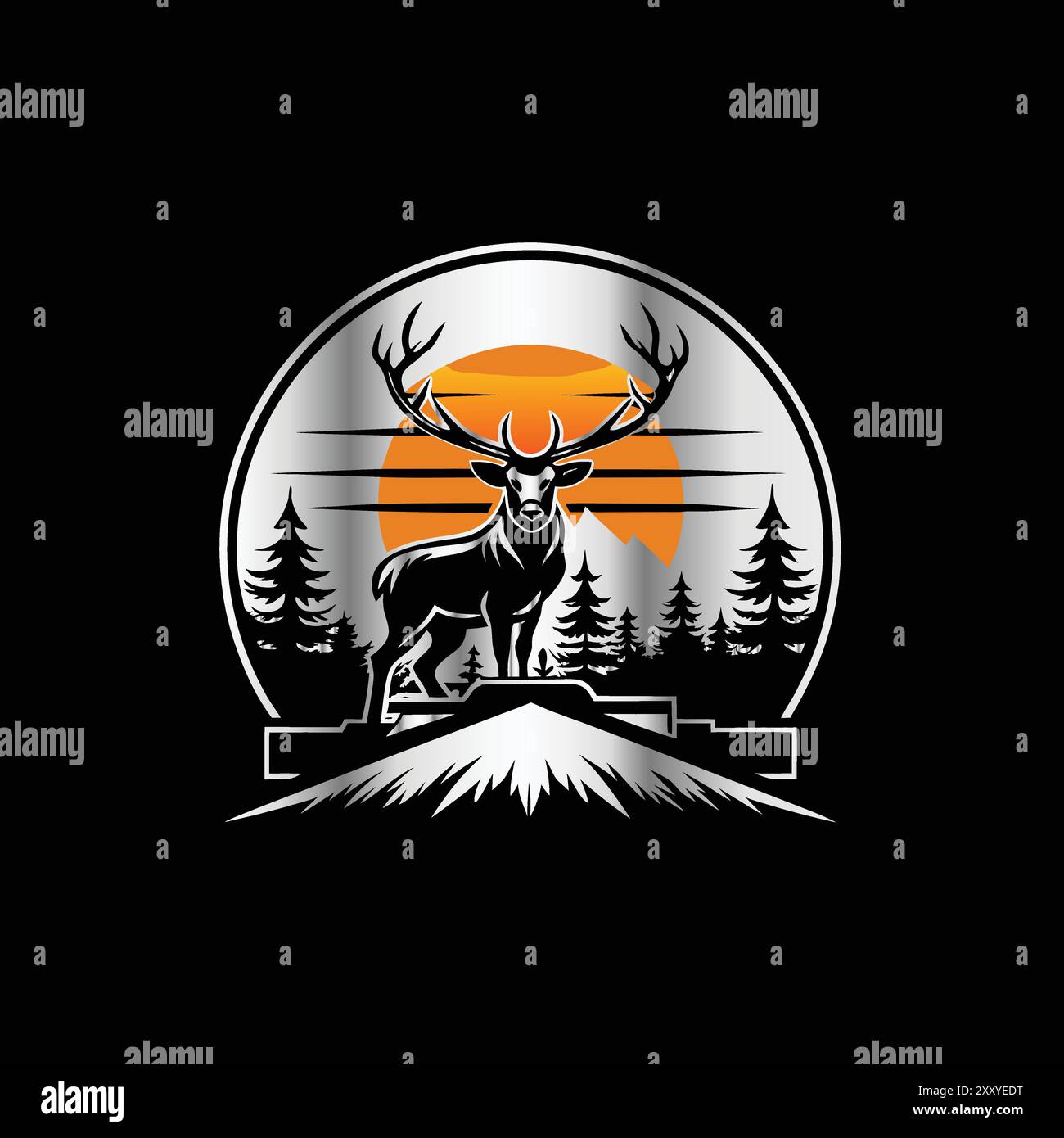Deer hunter vector logo template with forest, mountains, sun, trees and ...