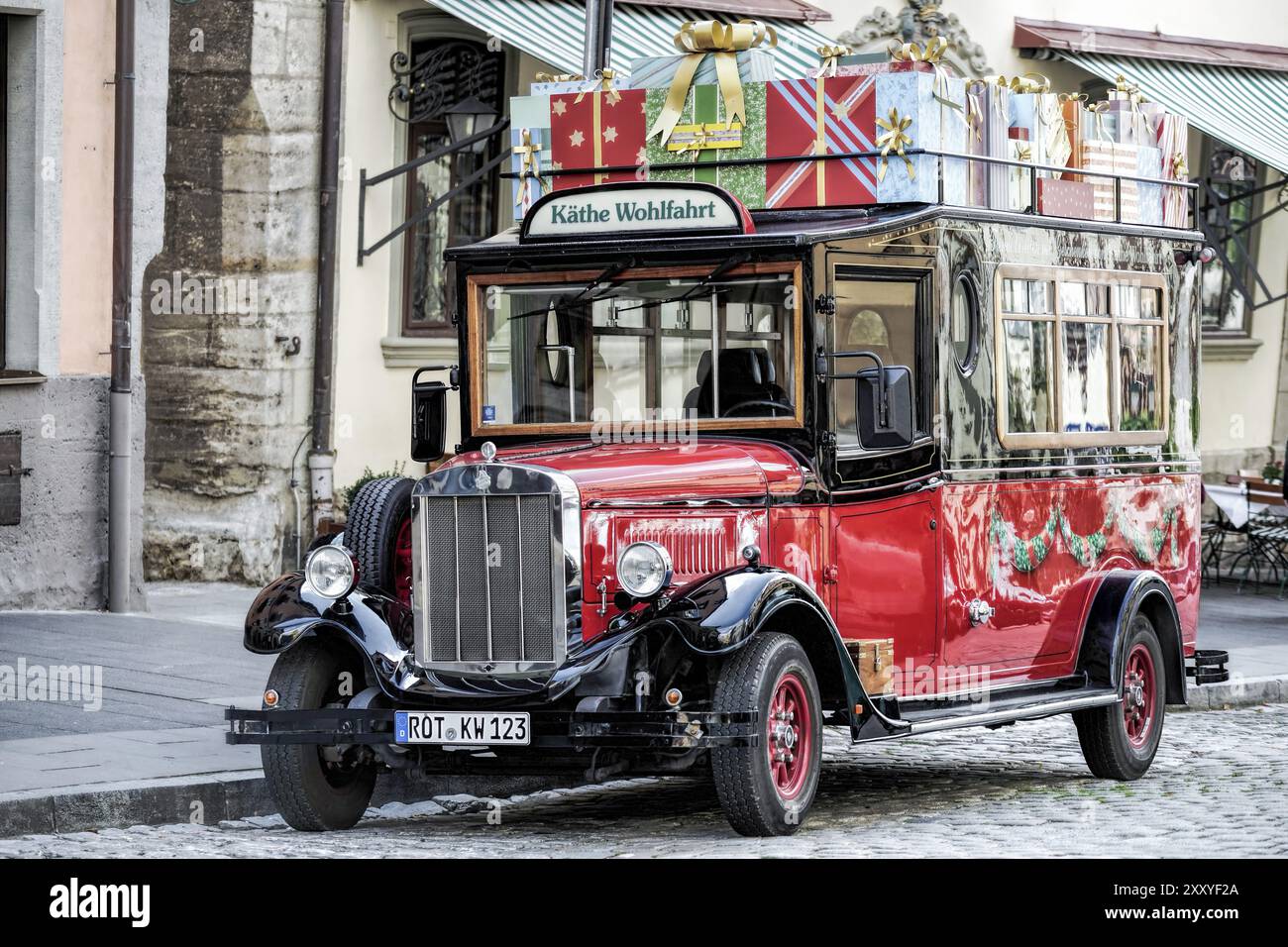 Old Fashioned Red Bus in Rothenburg Stock Photo - Alamy