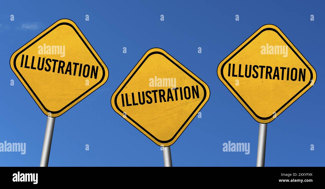 Illustration, yellow signs with blue sky Stock Photo - Alamy