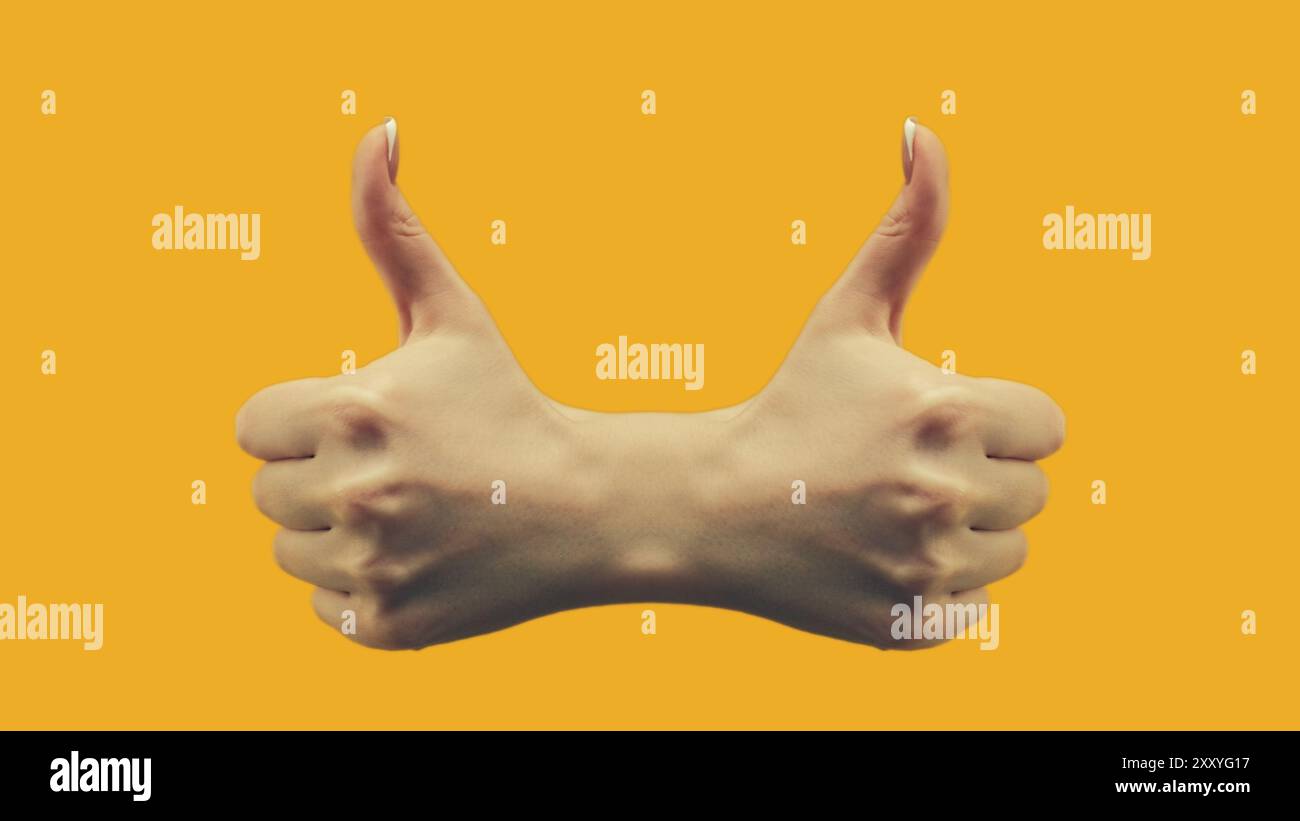 Two hands double thumbs up mirrored like gesture on a vibrant yellow ...