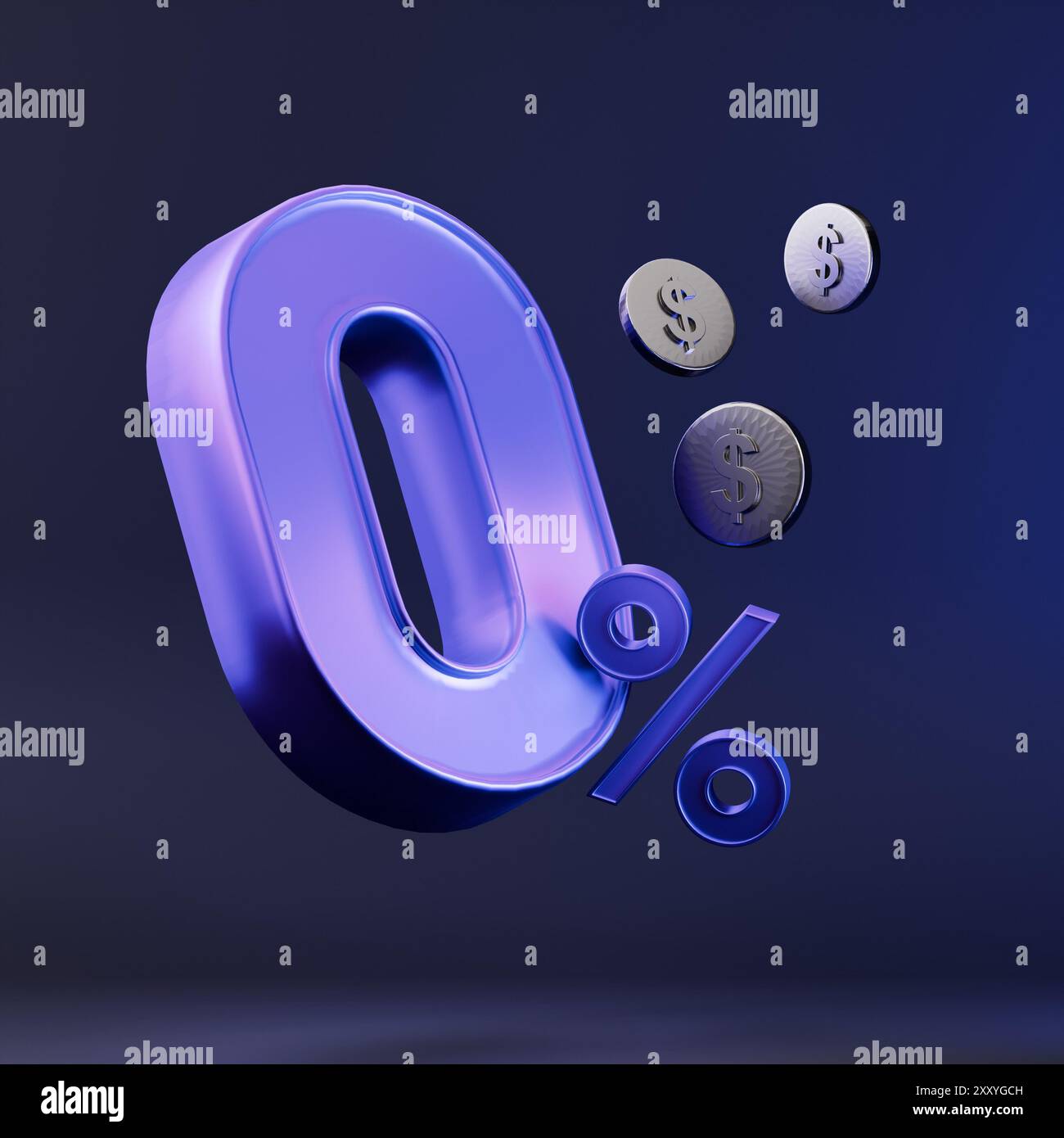 0 percent 3d render in metal style with coins, dollar sign on dark ...