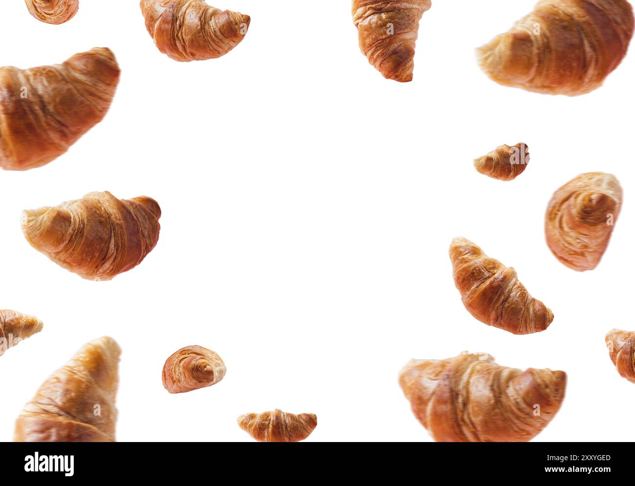 Many fresh baked croissants levitating or flying. Croissants isolated ...