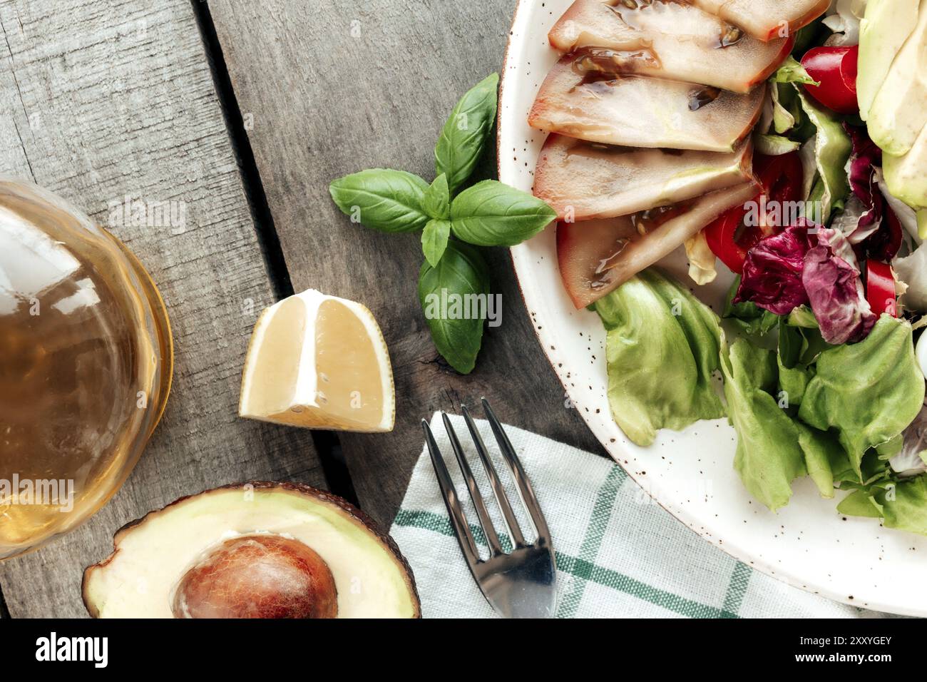 Healthy eating concept flat lay. Mediterranean diet, plate with lettuce ...