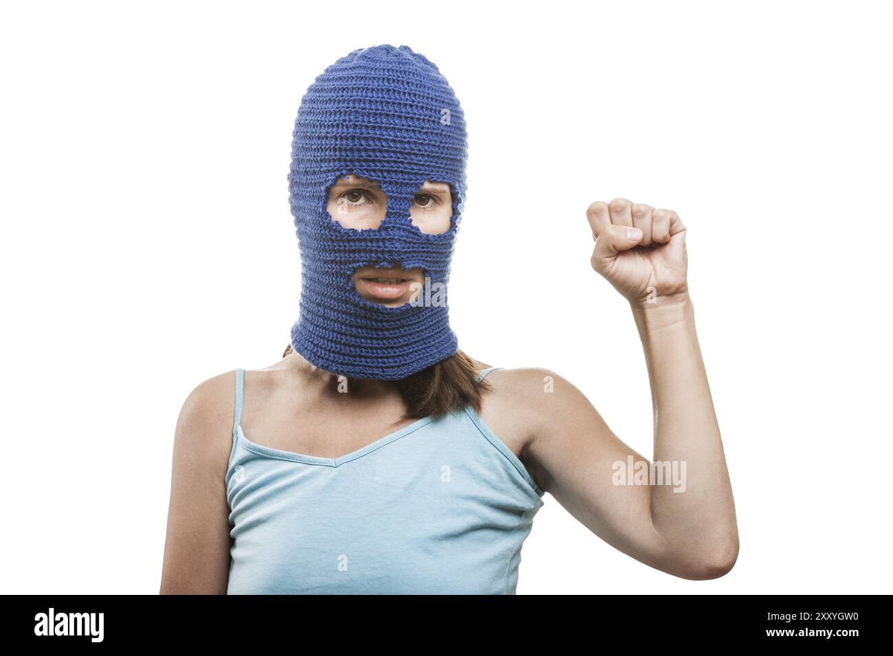 Russian protest movement concept, woman wearing balaclava or mask on ...