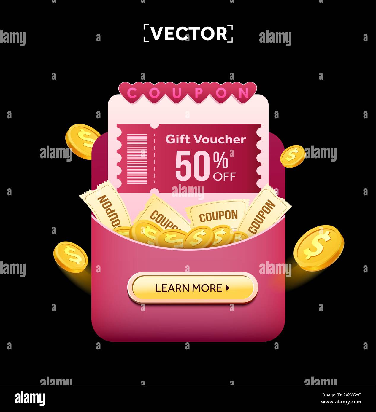 3d pink coupon with coupon code, percentage off inside an envelope with ...