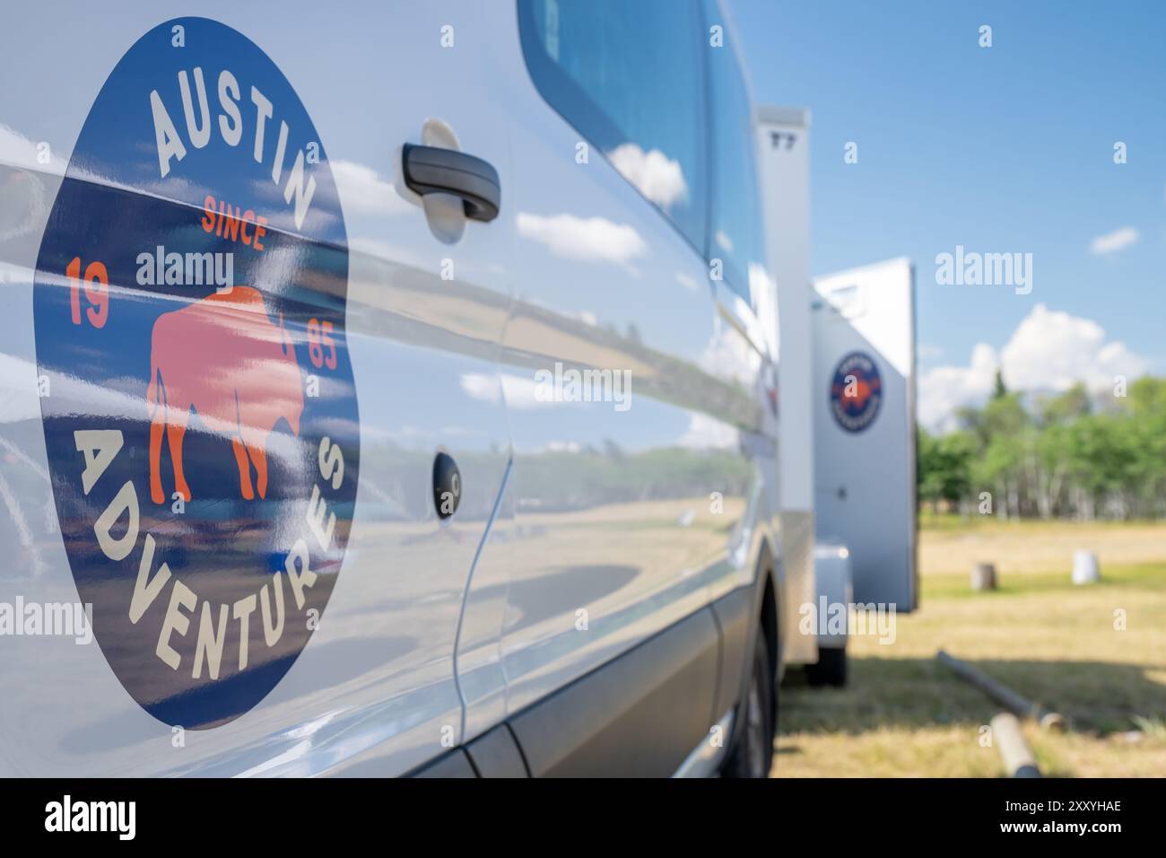 Banff, Canada - 8.11.2024: Austin Adventure logo on the side of a ...