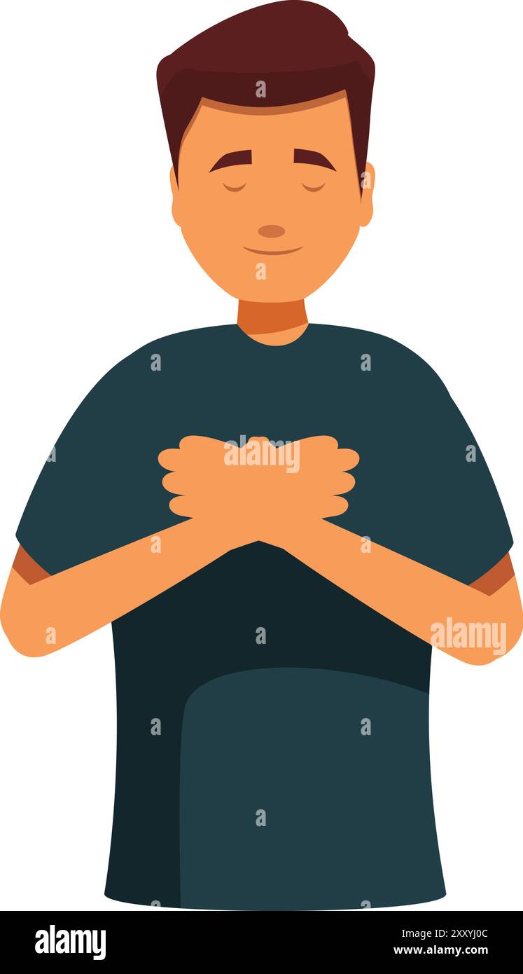 Cartoon man is holding his hands to his chest, eyes closed with a ...