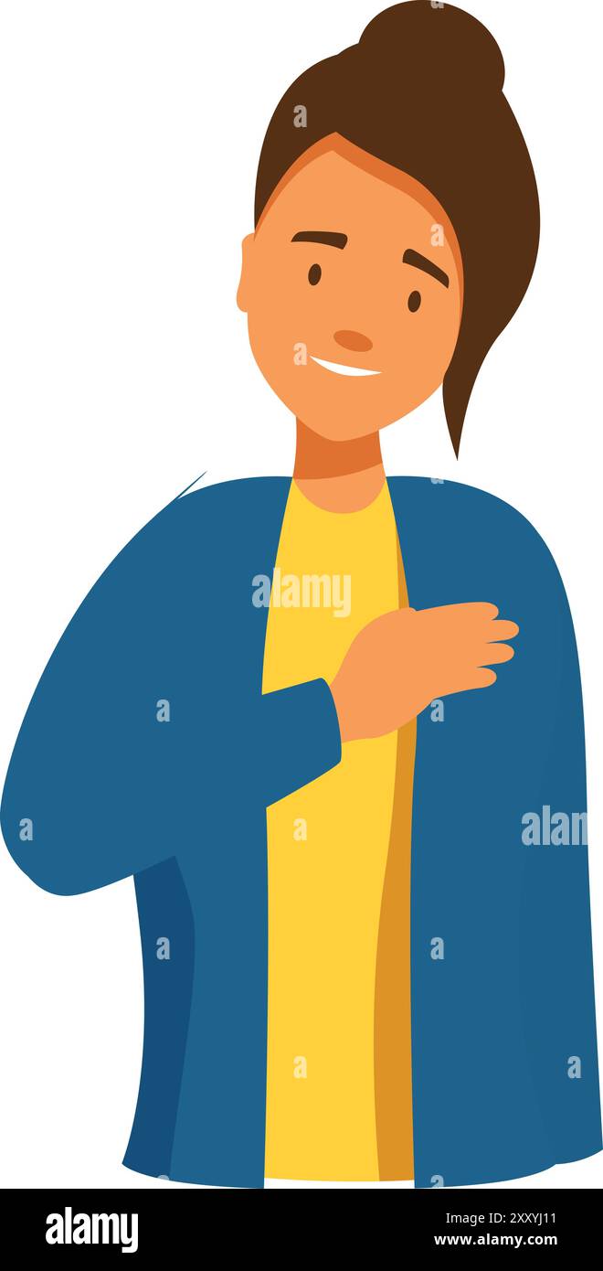 Smiling woman is holding her hand on her chest, expressing honesty ...