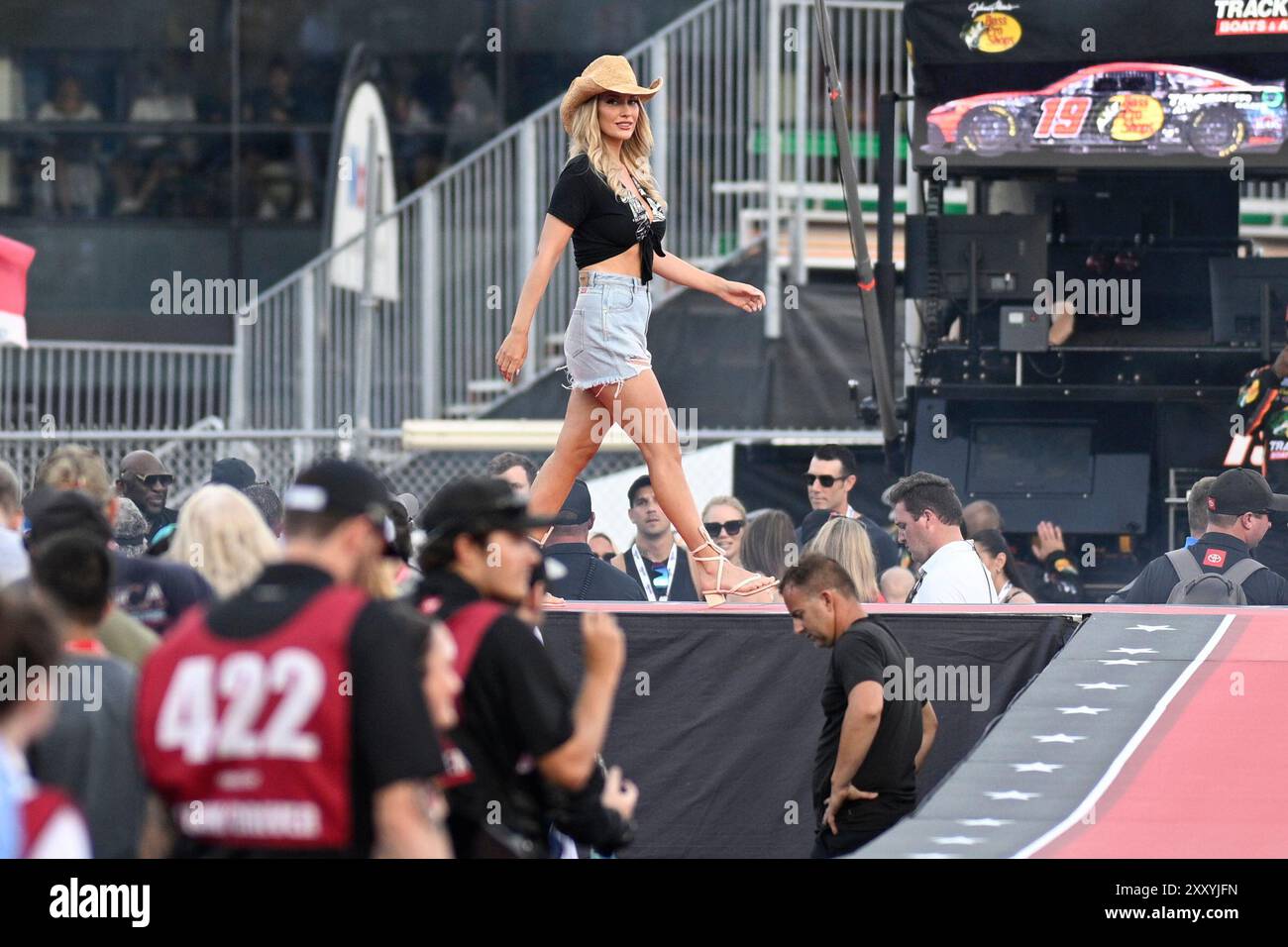 Golf influencer Paige Spiranac is introduced to spectators before a ...