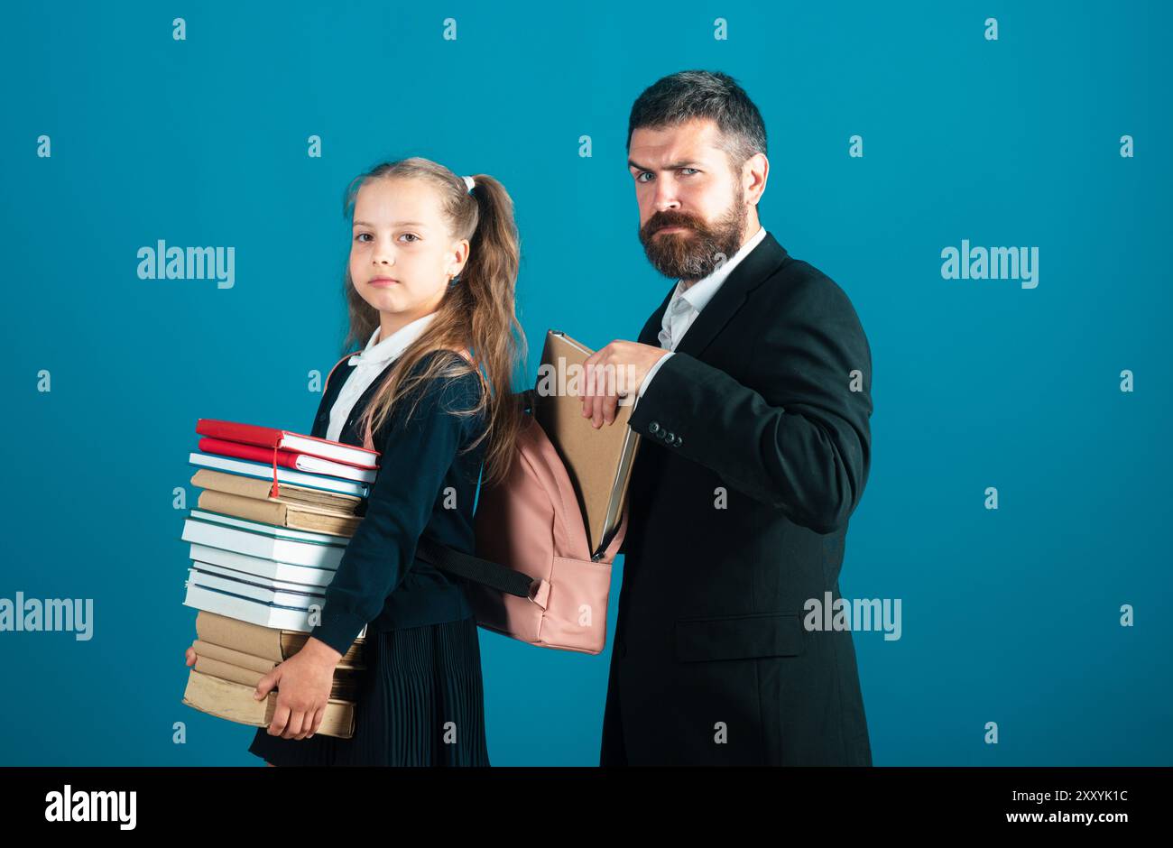 Little school girl hold big stack school textbook notebook books ...