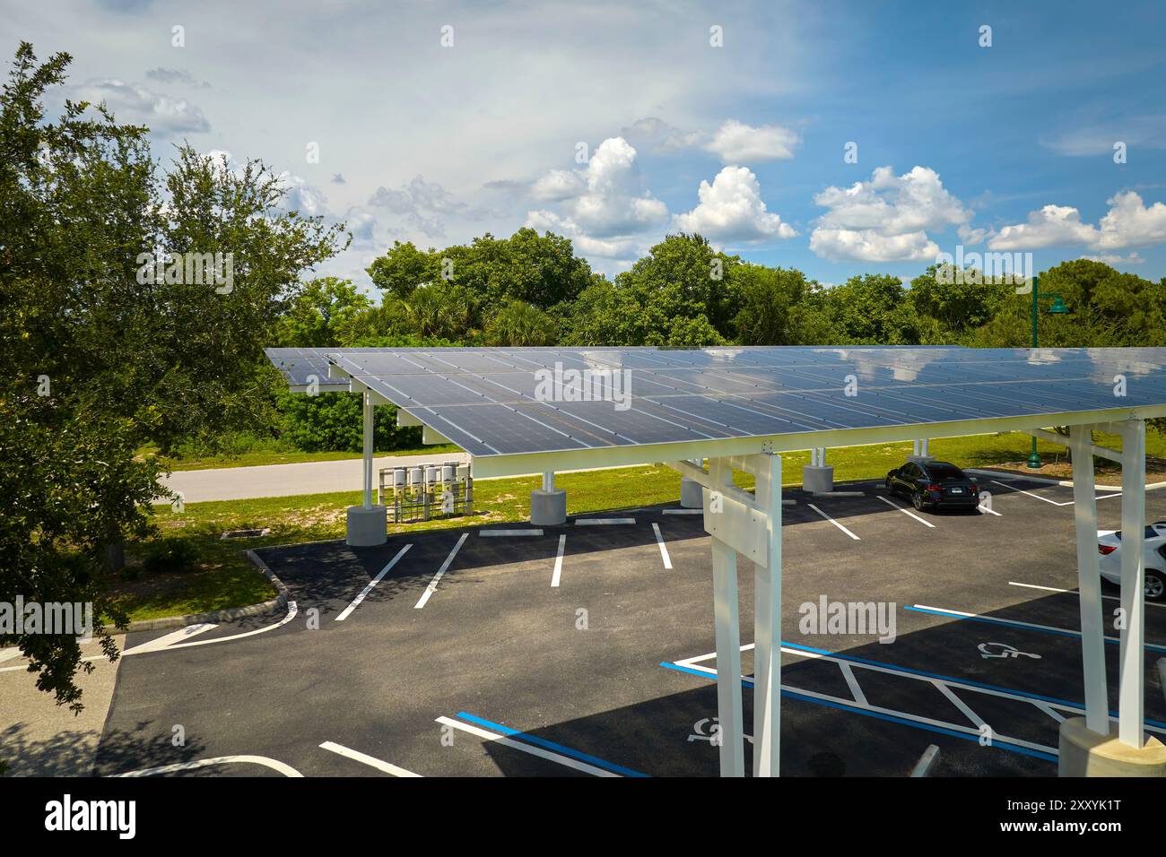 Aerial view of solar panels installed as shade roof over parking lot ...