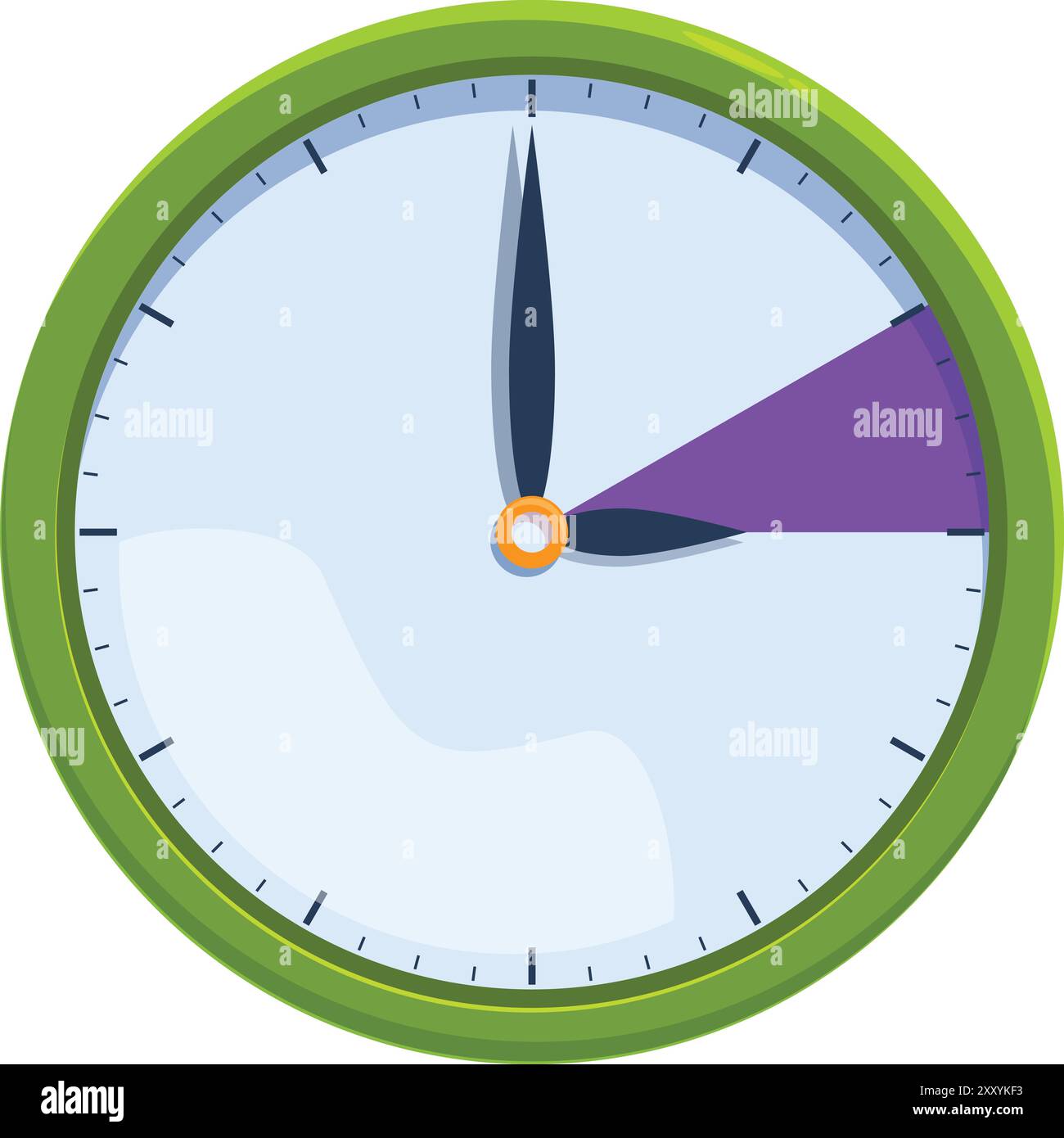 Cartoon style green clock with a white face is missing a slice ...