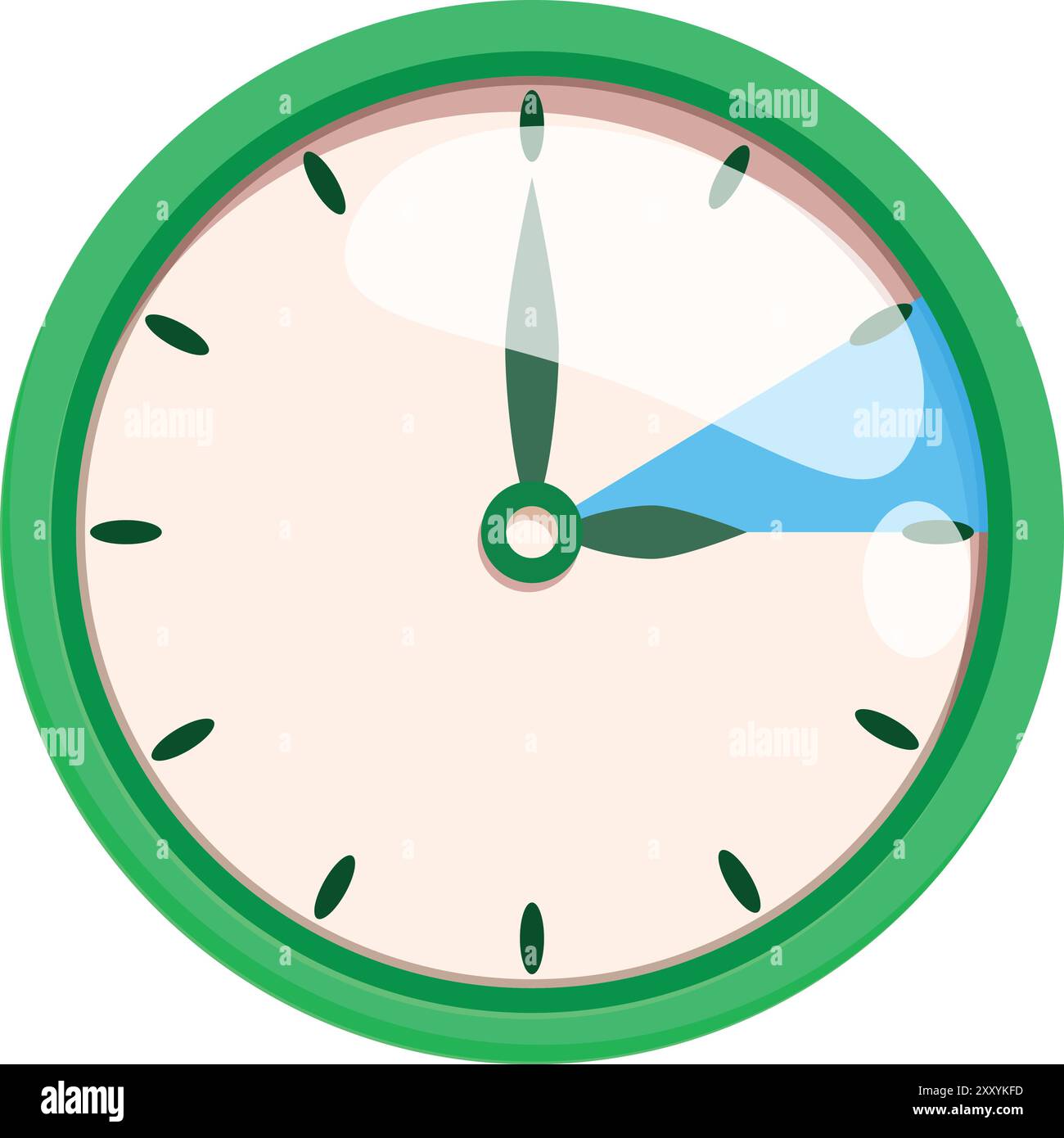 Round clock with a green frame, showing that it is almost half past one ...