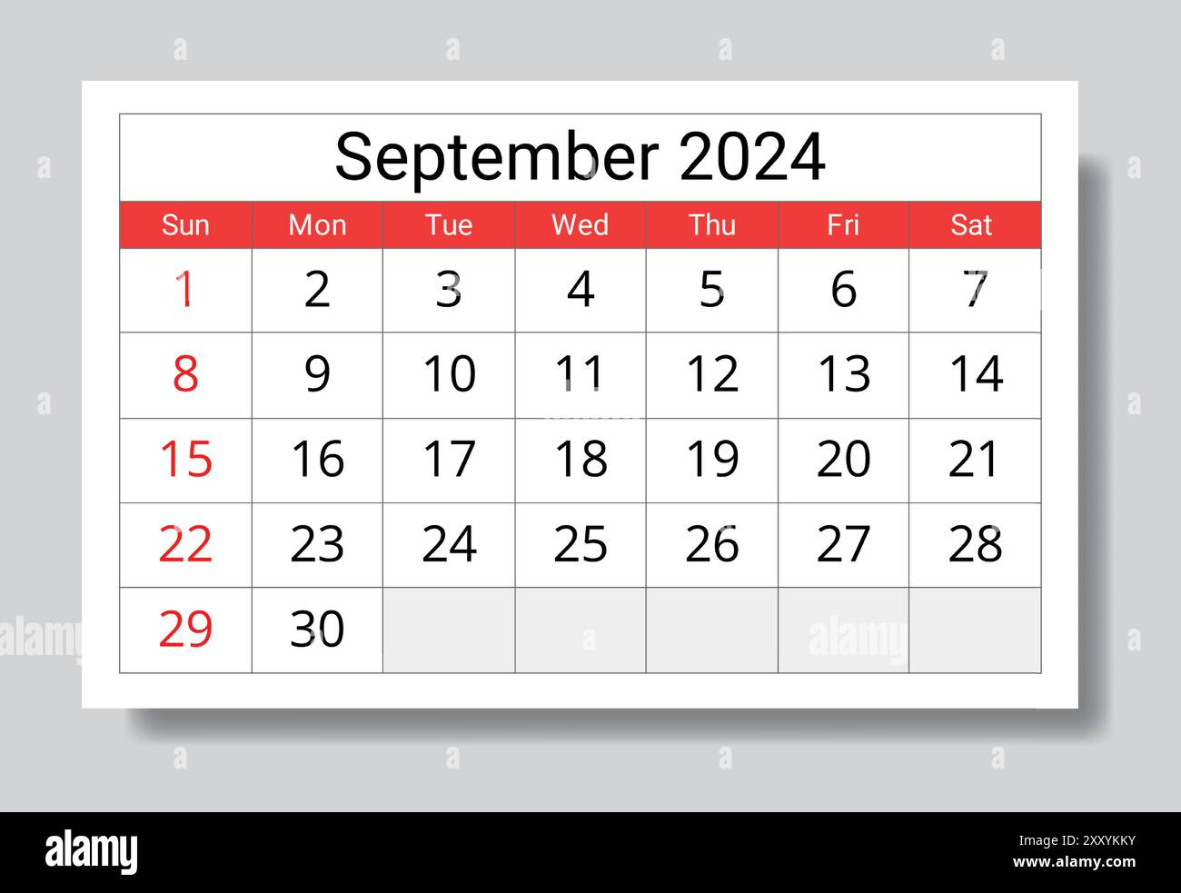 September 2024 ENGLISH month calendar. Vector printable illustration ...