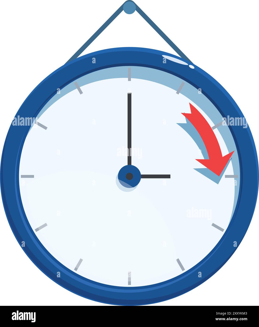 Blue clock with a red arrow pointing down is hanging on a white ...