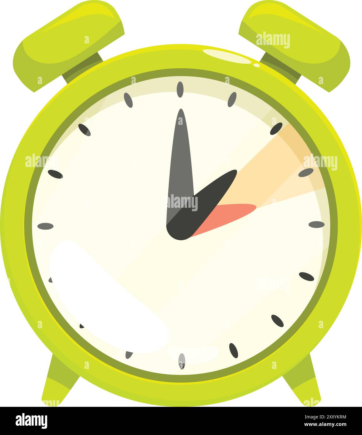 Green alarm clock with its hands about to strike five o'clock, time ...