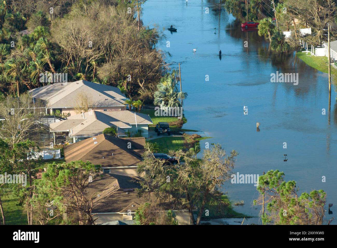 Consequences of natural disaster. Heavy flood with high water ...